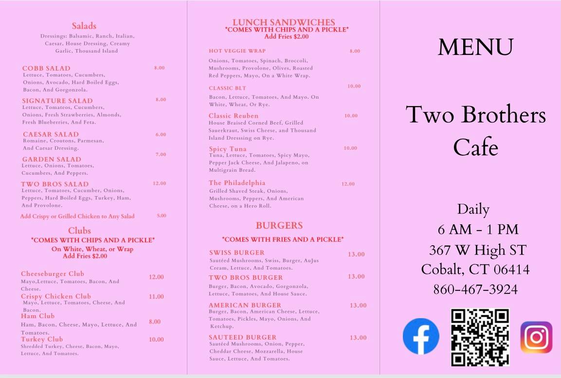 Menu at Two Brothers Cafe, East Hampton