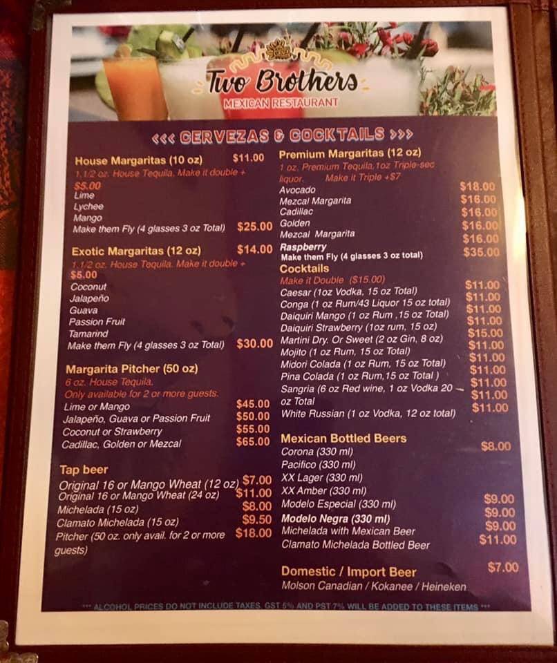 Menu at Two Brothers Mexican Restaurant, West Kelowna