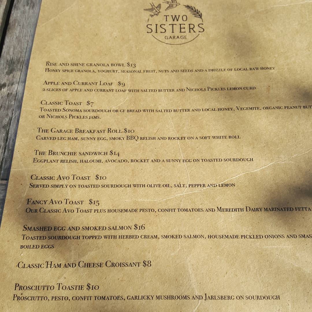 Menu at Two Sisters Garage restaurant, Bulli