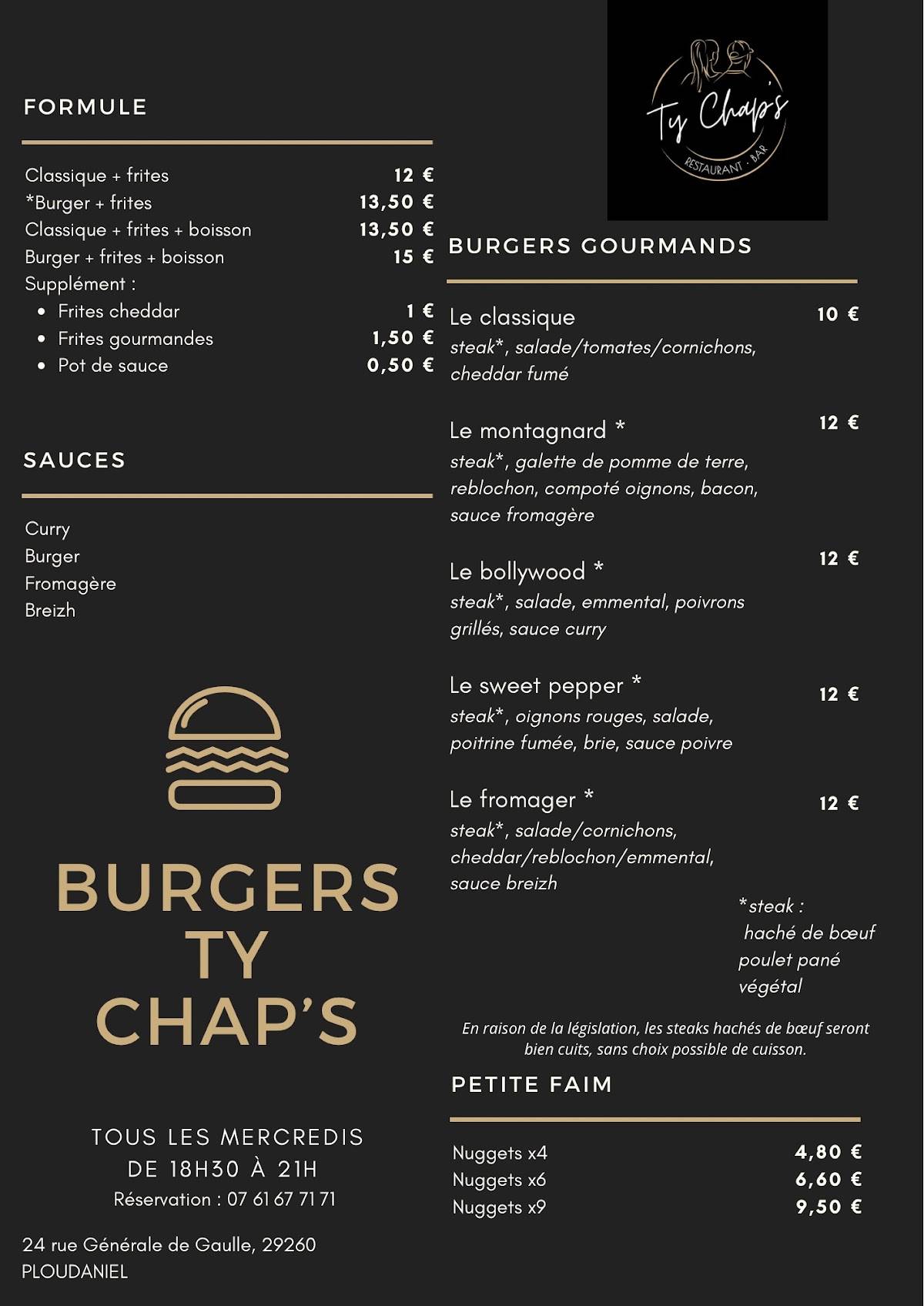 Menu au Ty Chap's restaurant, Ploudaniel