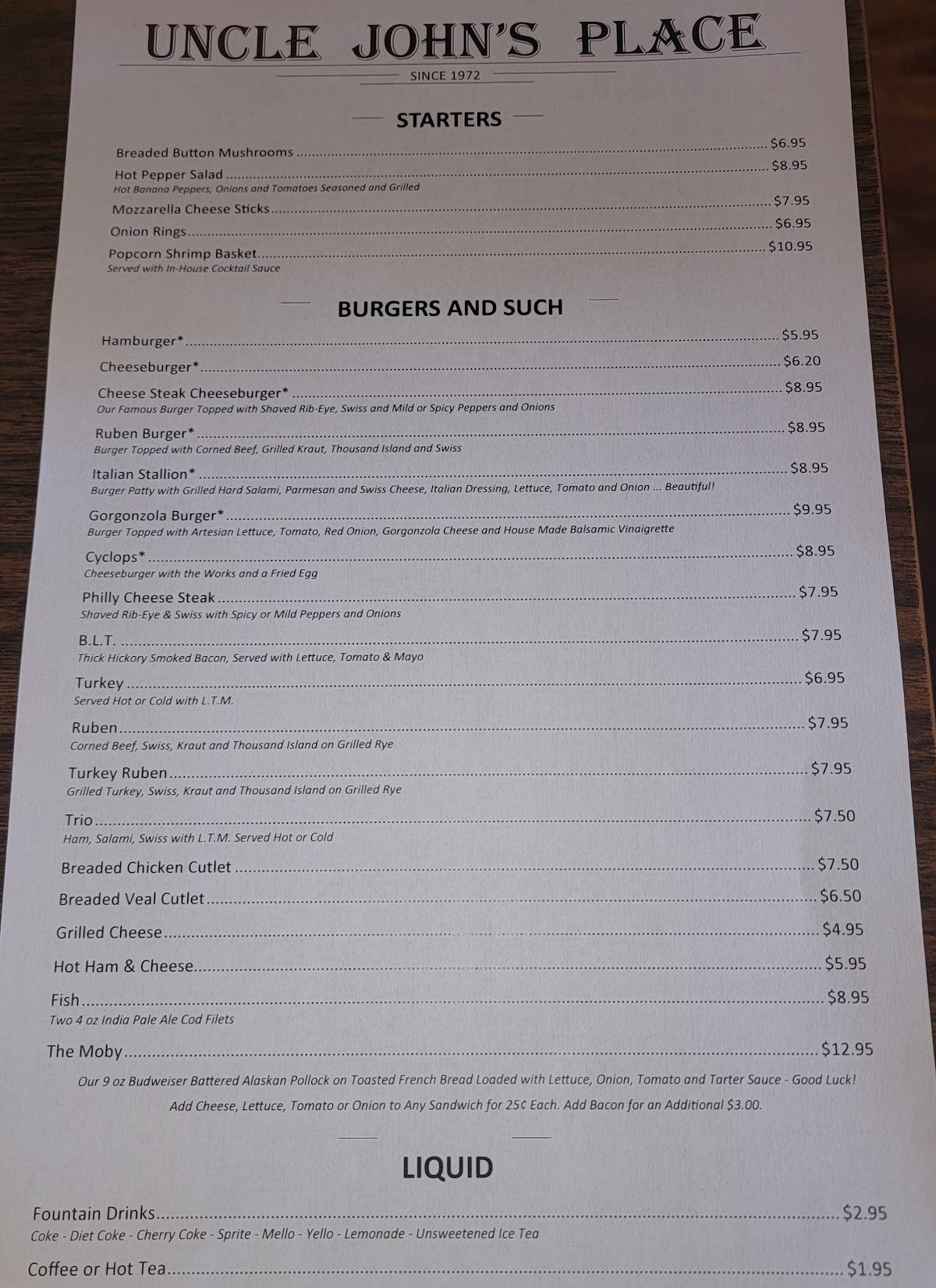 Menu at UNCLE JOHN’S PLACE restaurant, Mansfield