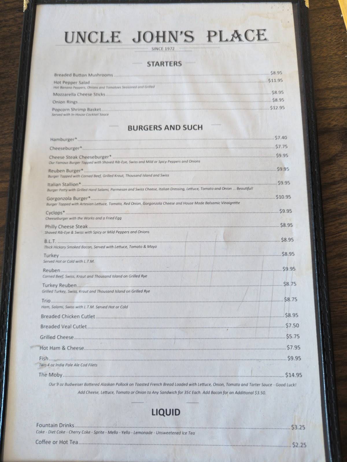 Menu at UNCLE JOHN’S PLACE restaurant, Mansfield