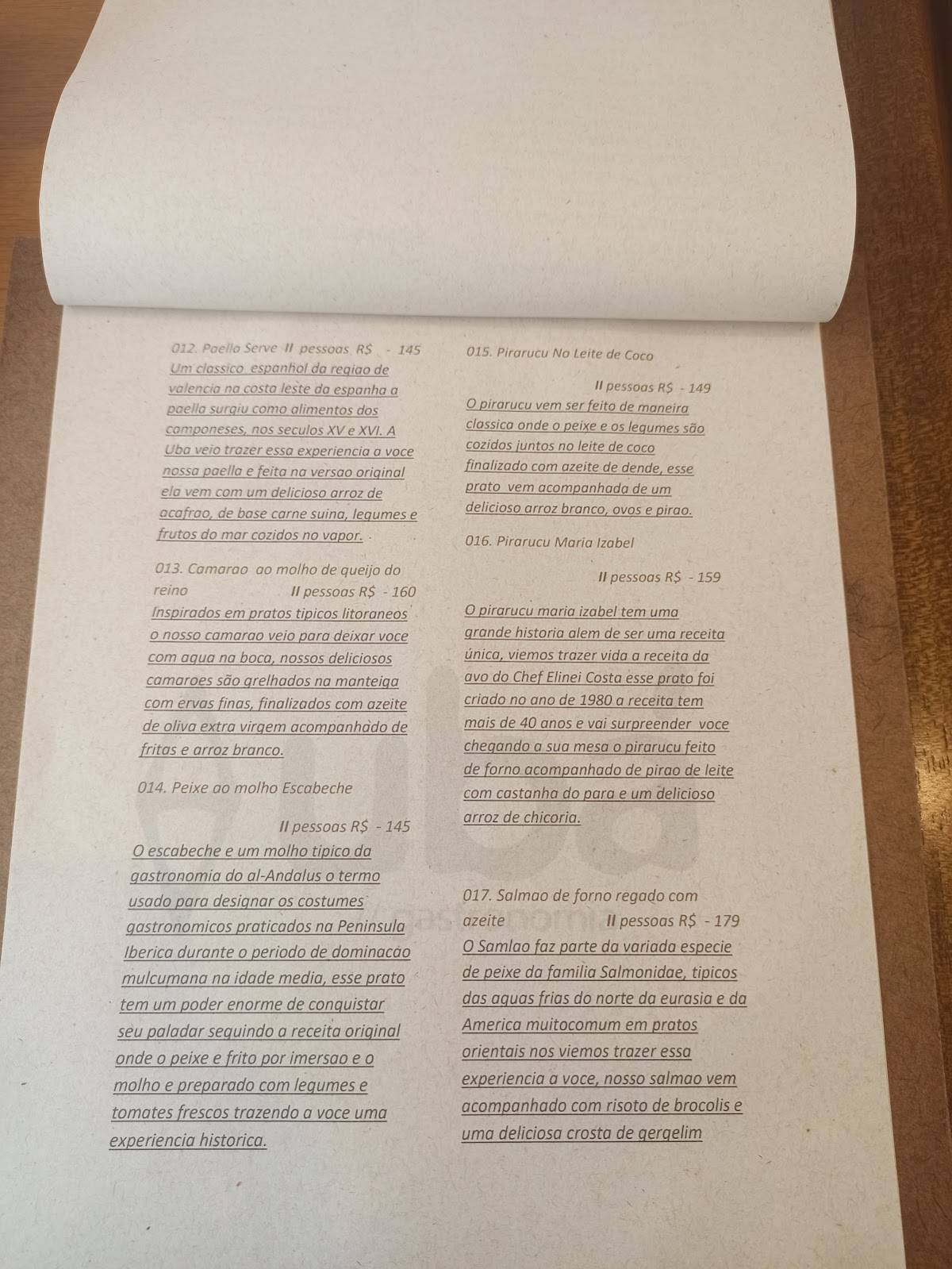 Menu em Ubá gastronômia restaurante, Belém