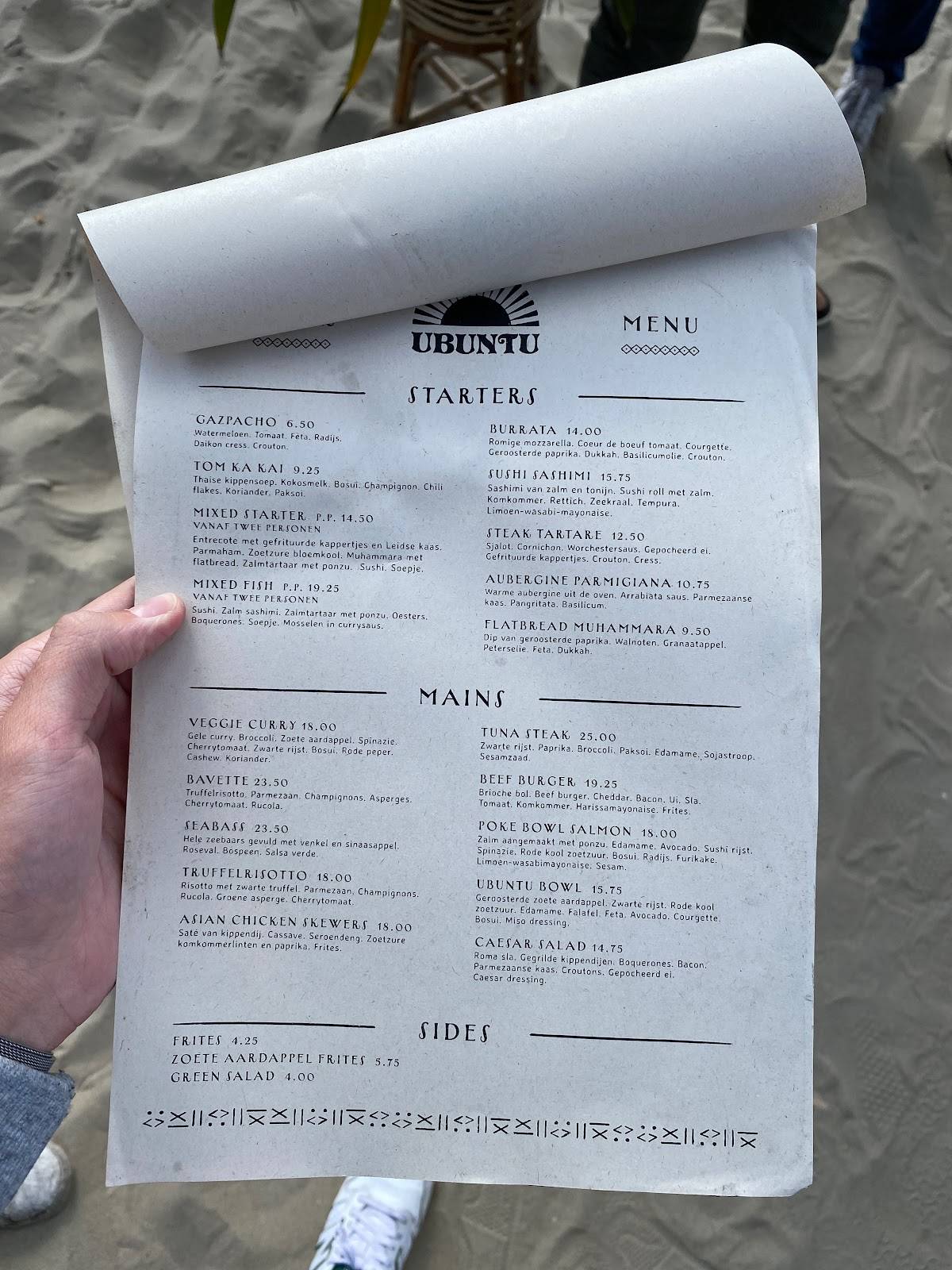 Speisekarte von Ubuntu Strandbar, Zandvoort