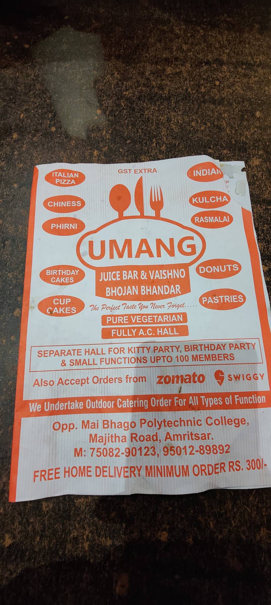 Menu at Umang Juice Bar & Vaishno Bhojan Bhandar, Amritsar, Majitha Rd
