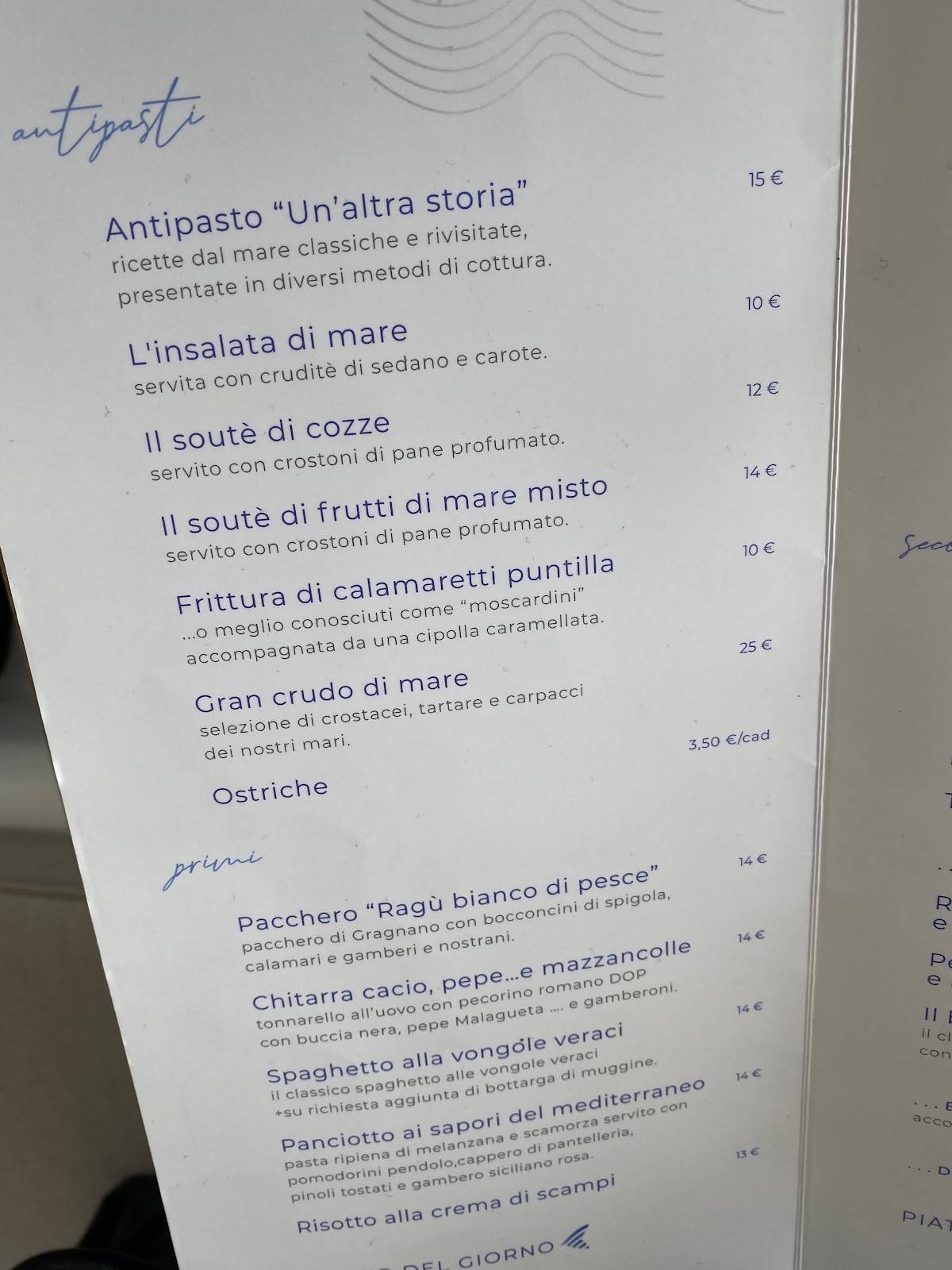 Menu da Un'Altra Storia ristorante, Torvaianica