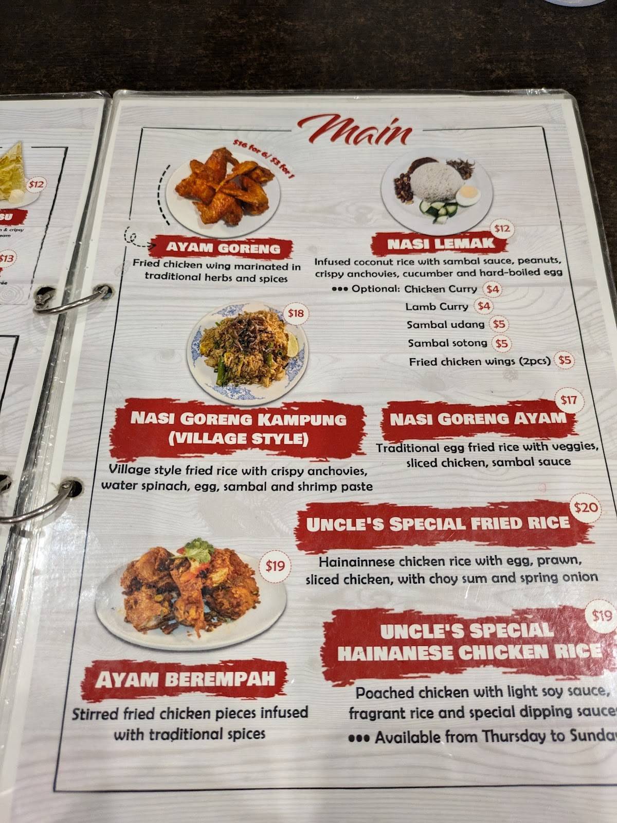 Menu at Uncle Hung Malaysian restaurant, Padstow