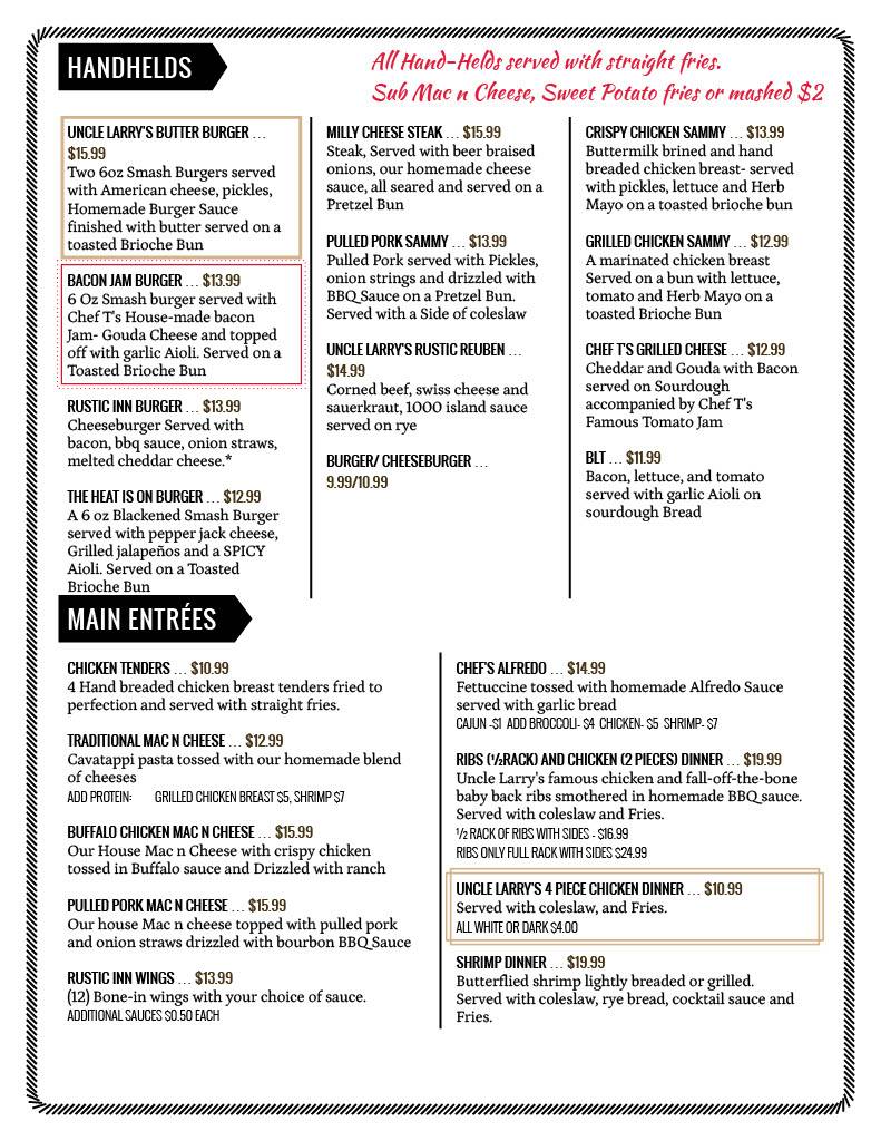 Menu at Uncle Larry’s Rustic Inn restaurant, Hartford