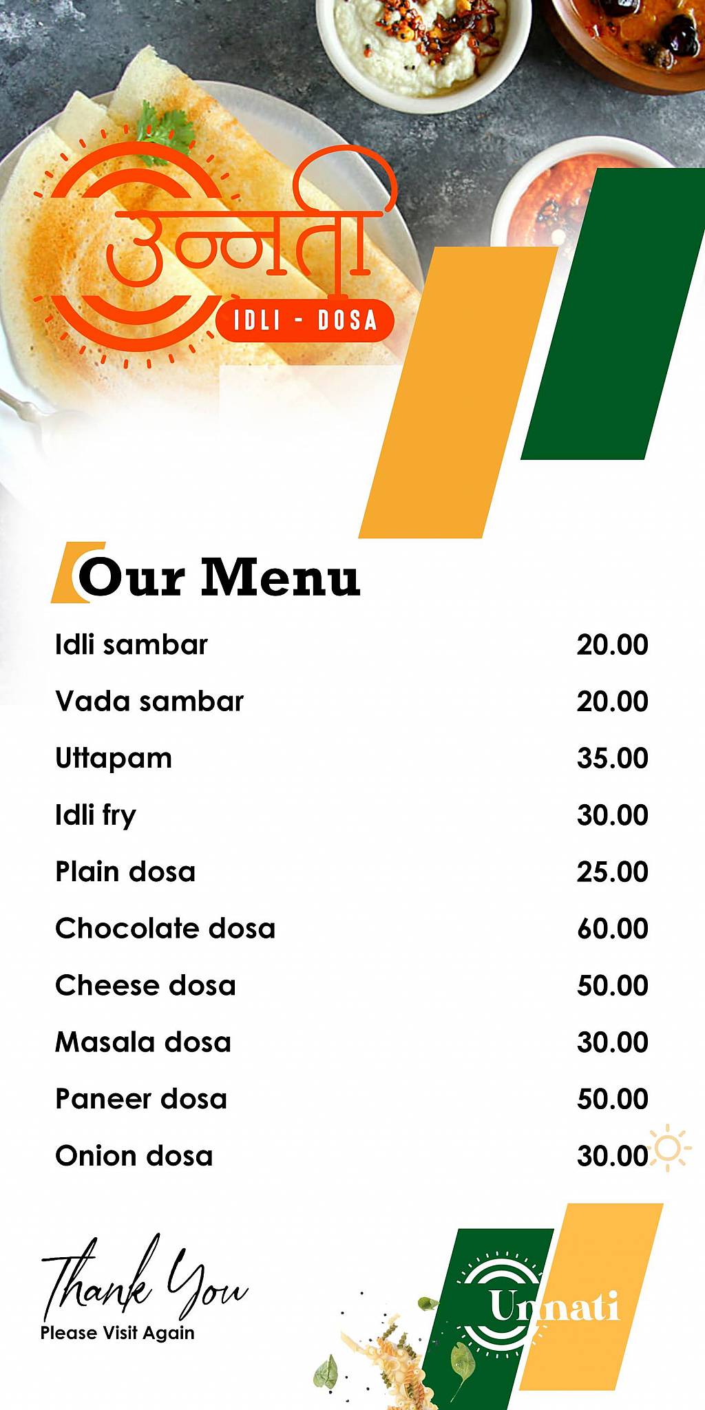 Menu at Unnati Idli Dosa, Bhopal
