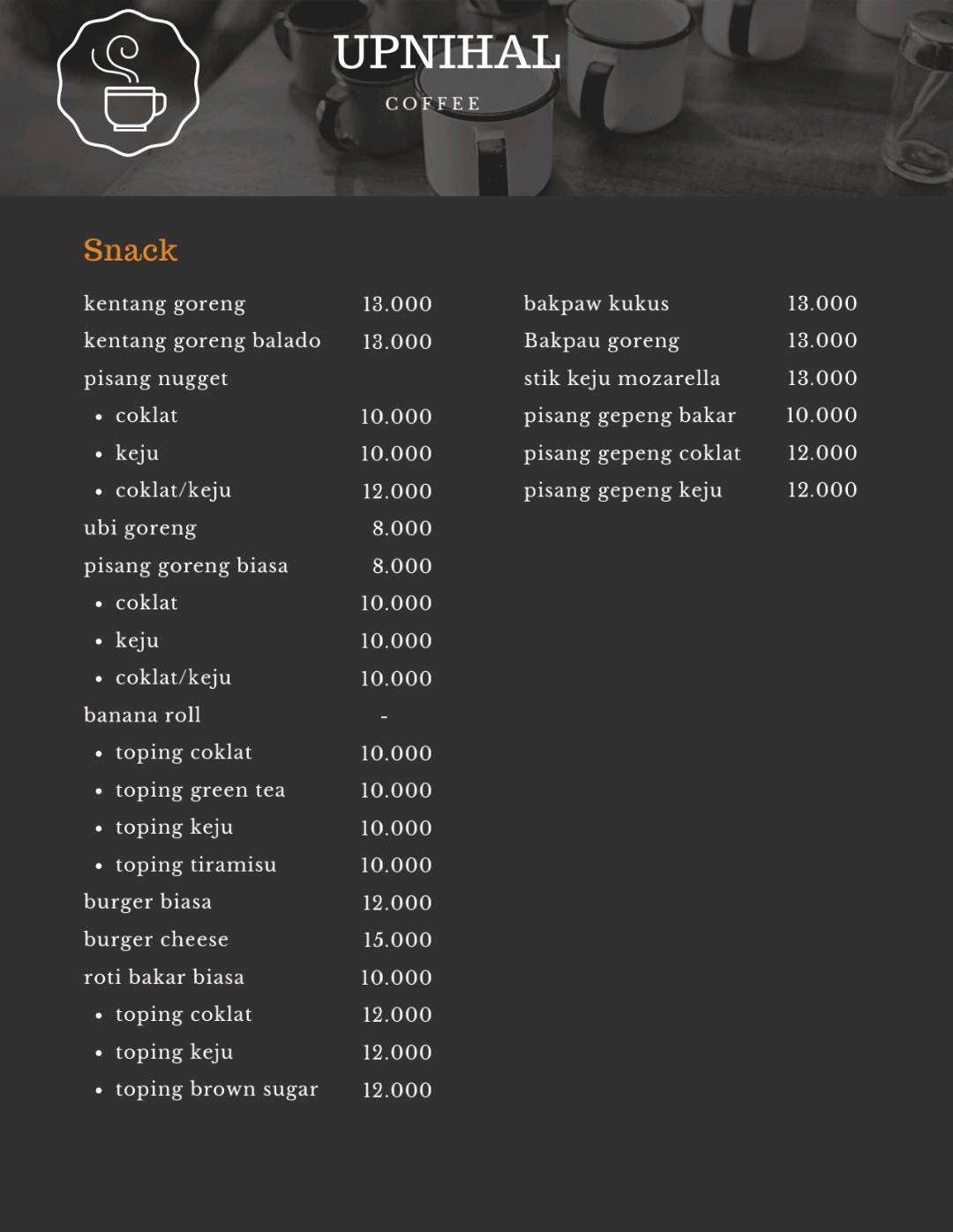 Menu at Up Nihal coffee pub & bar, Bangkala
