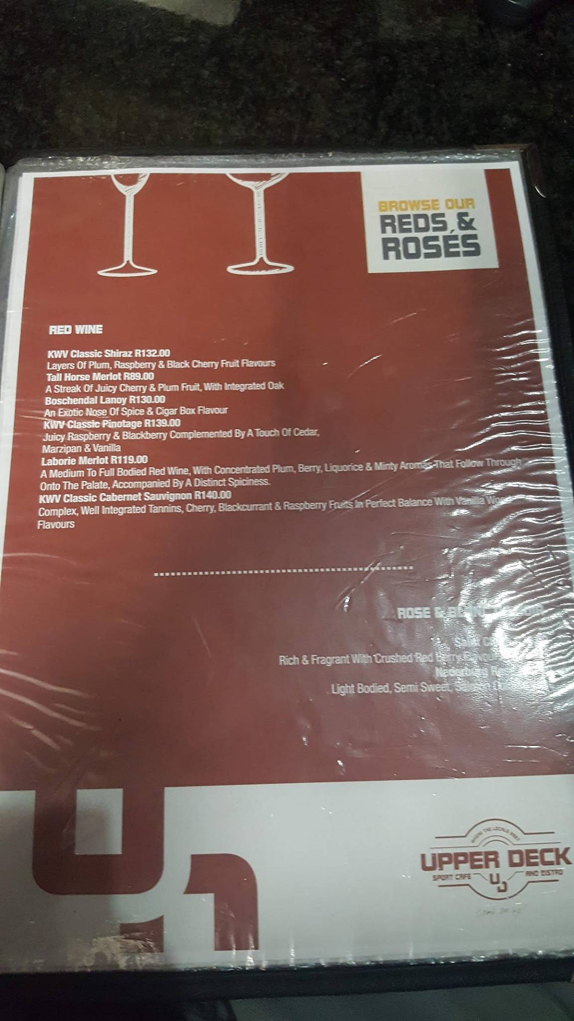 Menu at Upper Deck. pub & bar, Nelspruit