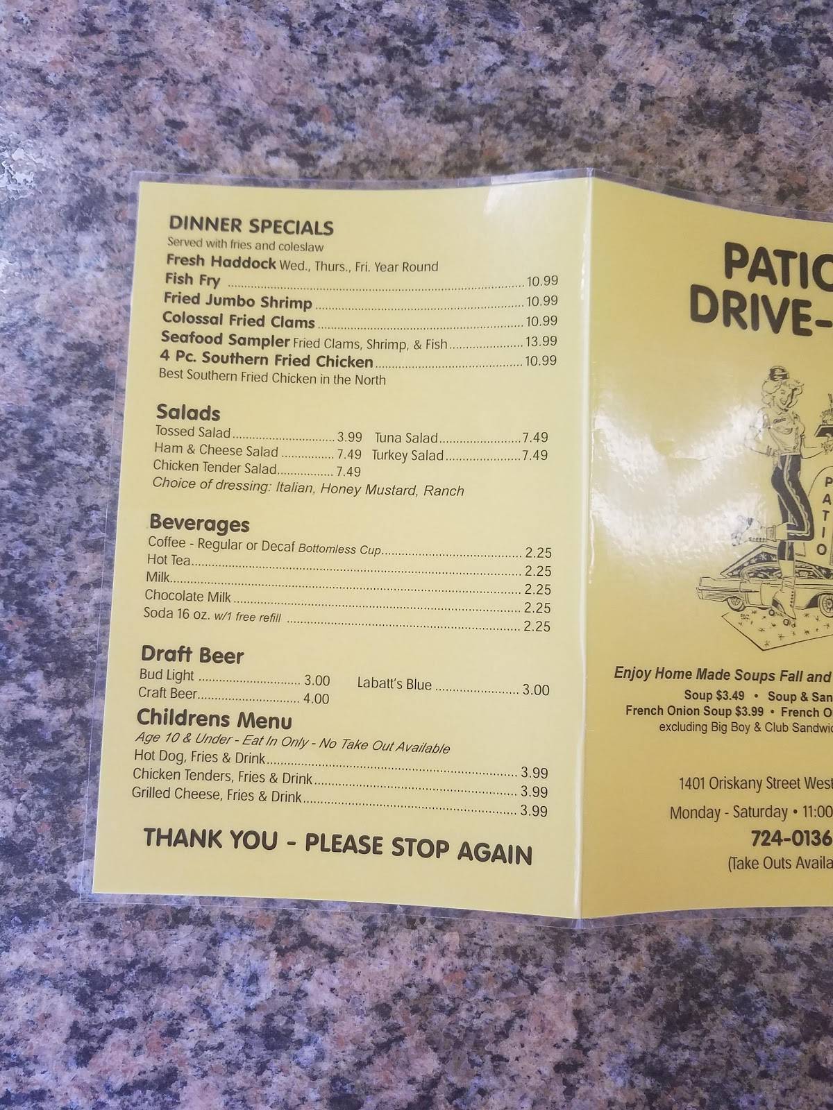 Menu at Patio Drive-In restaurant, Utica