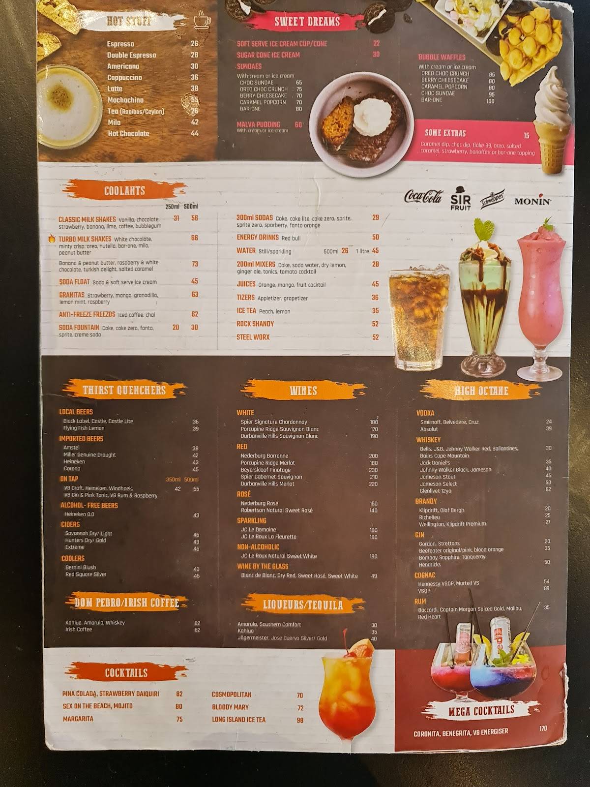 Menu at V8 Roadhouse restaurant, Pretoria
