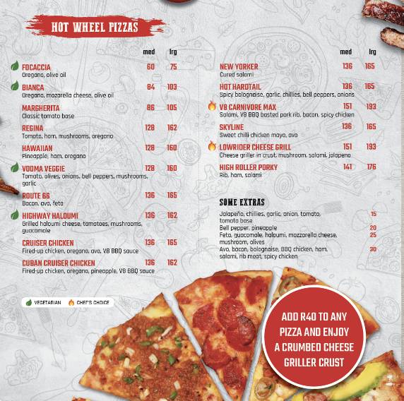 Menu at V8 Roadhouse restaurant, Pretoria