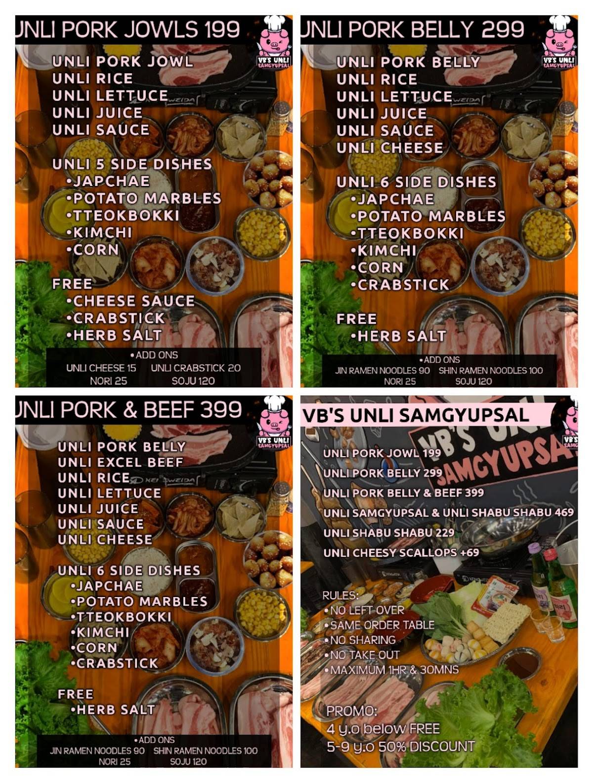 Menu at VB’S UNLI SAMGYUPSAL restaurant, Olongapo