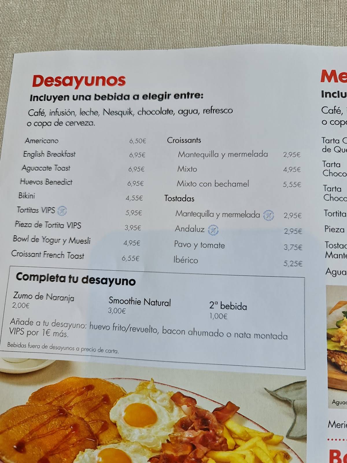 Carta del restaurante VIPS, Madrid, Calle Arturo Soria