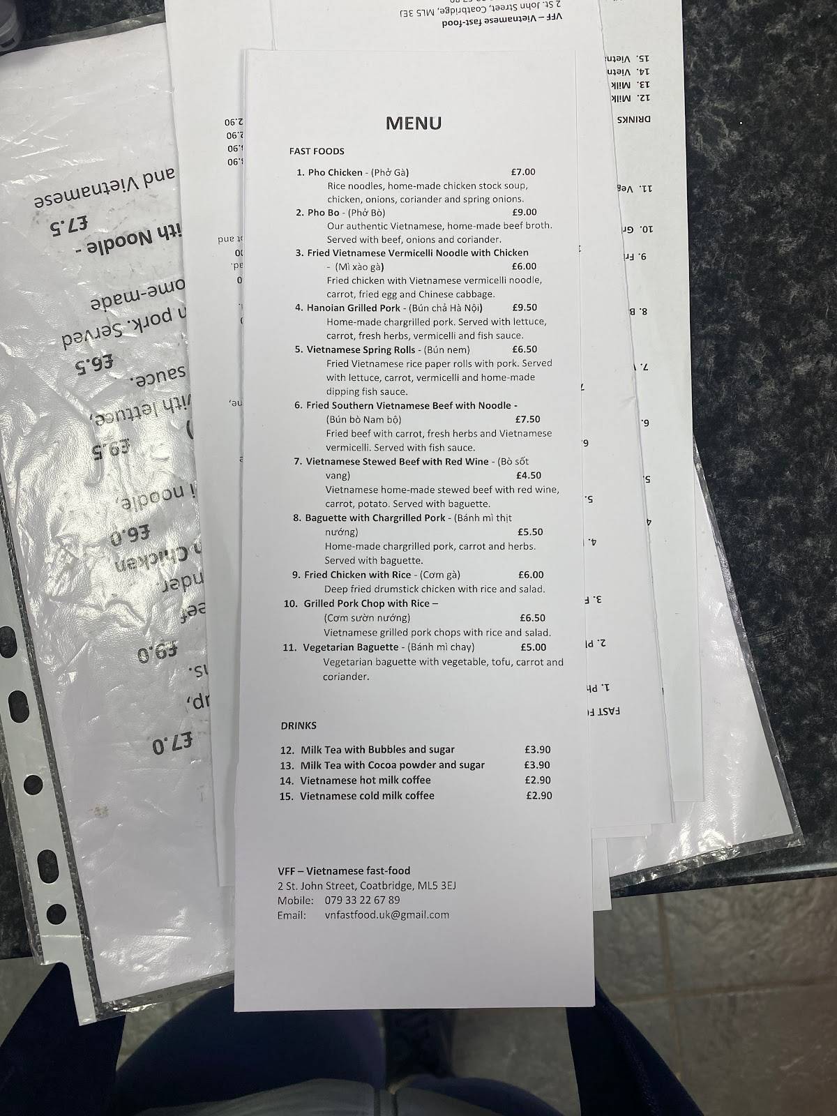 Menu at VFF Coatbridge restaurant, Coatbridge