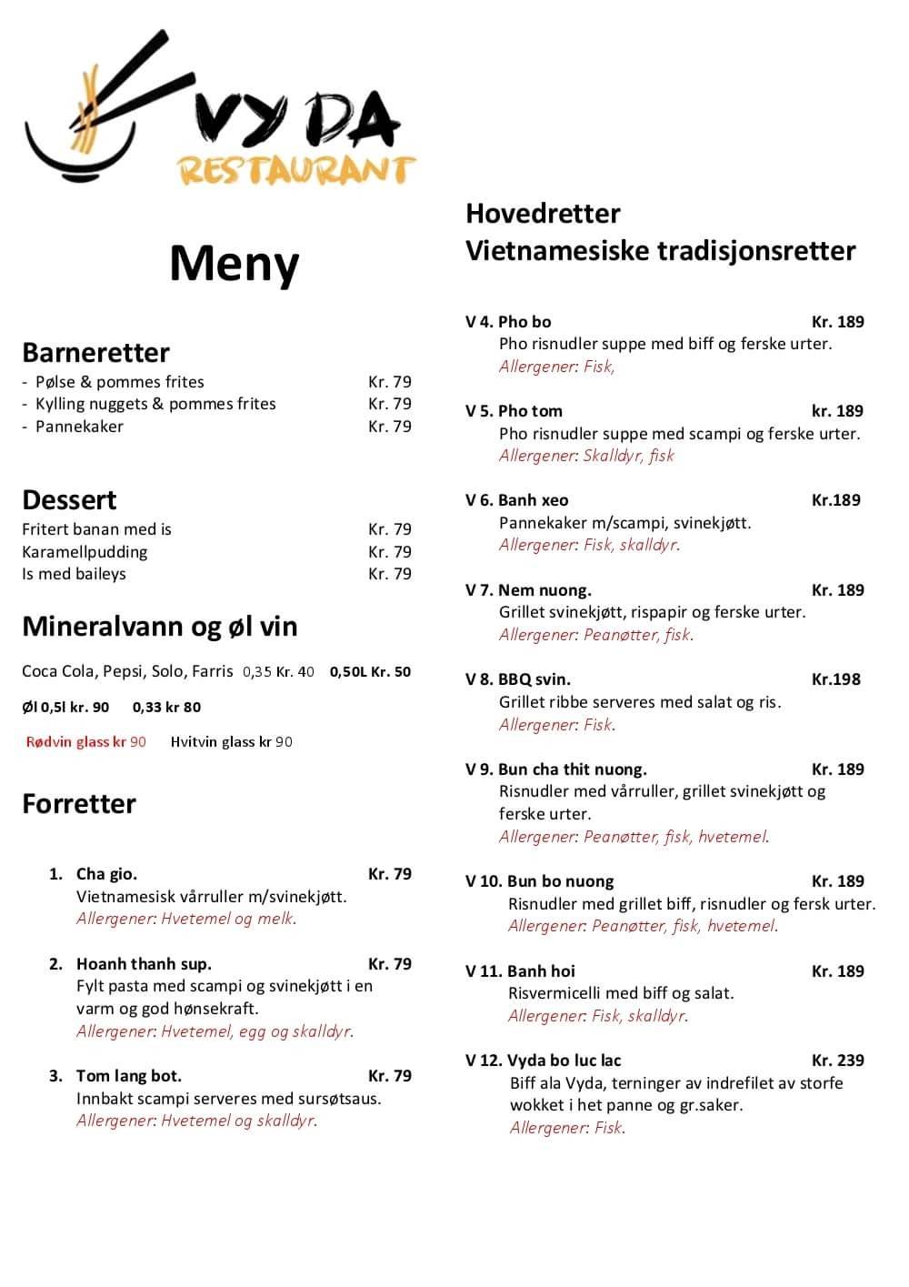 Menu at VYDA restaurant, Trondheim, Magnus Berrføtts veg 4A