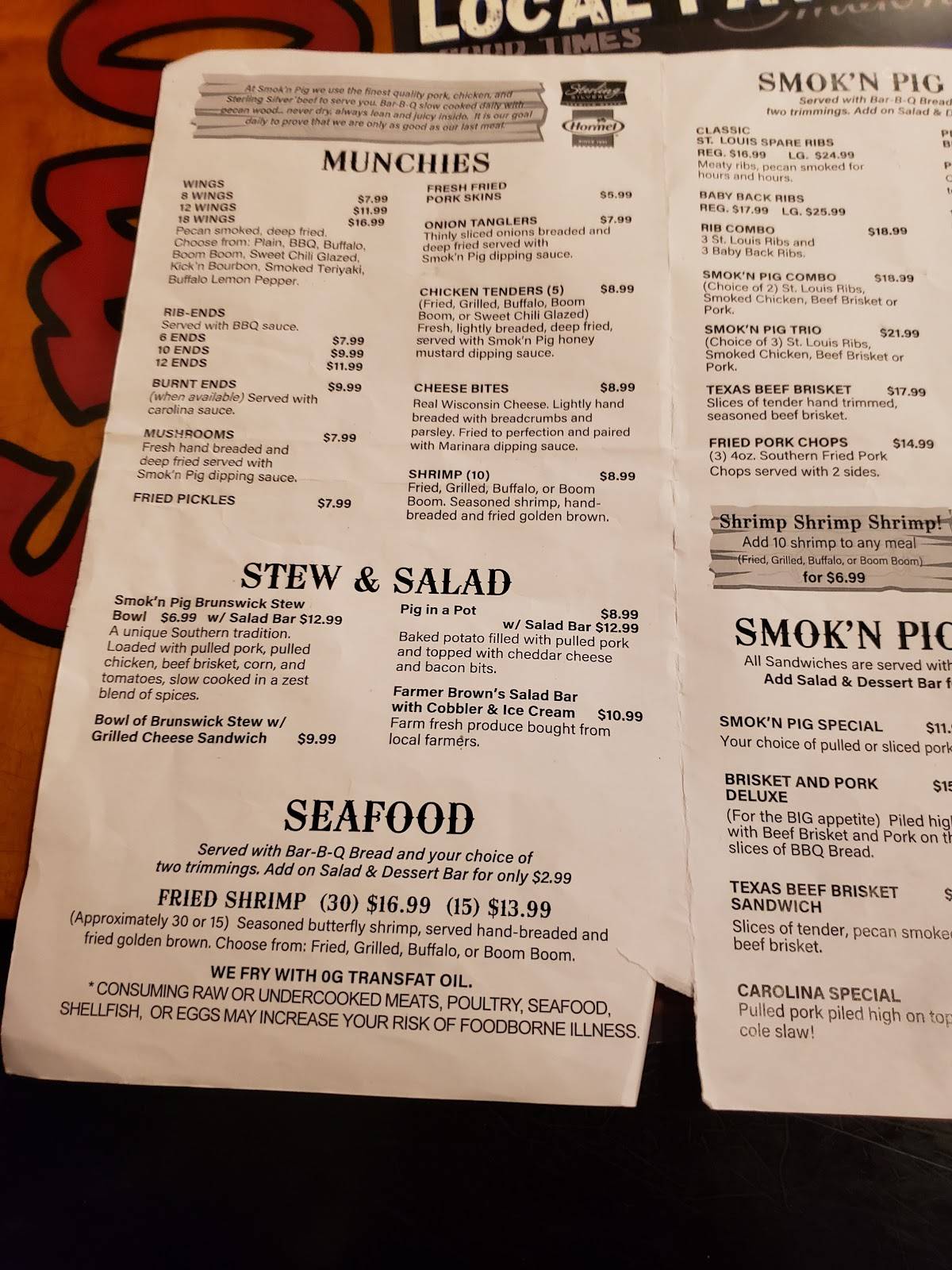 Menu at Smok'n Pig BBQ, Valdosta, N Valdosta Rd