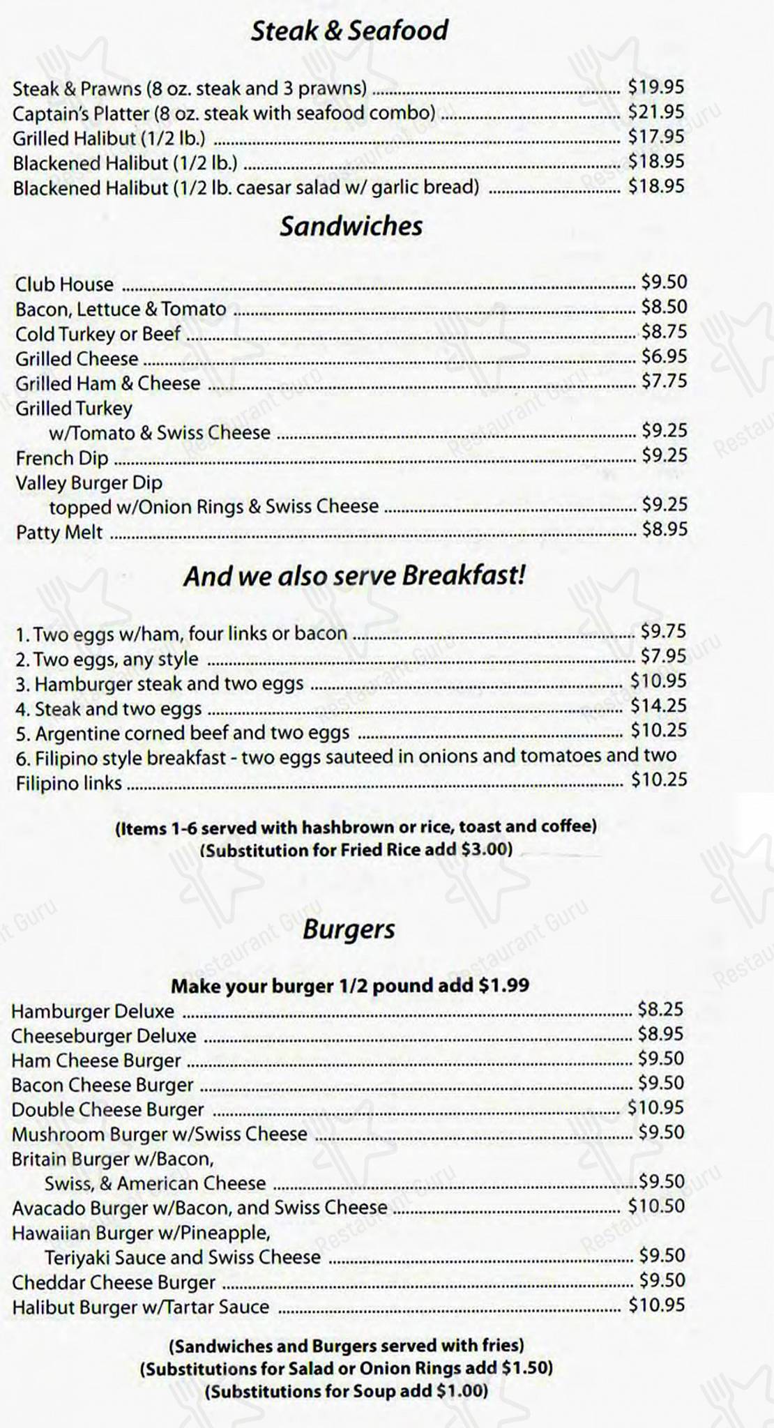 Menu at Valley Restaurant, Juneau, Glacier Hwy