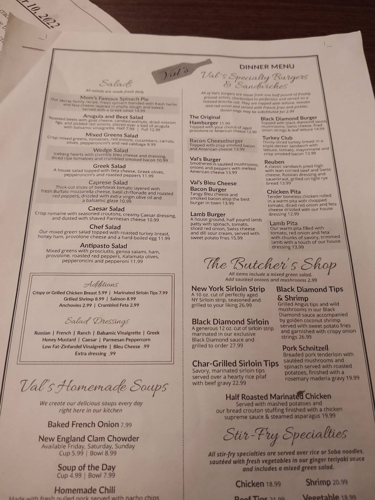Menu at Val's Restaurant, Holden