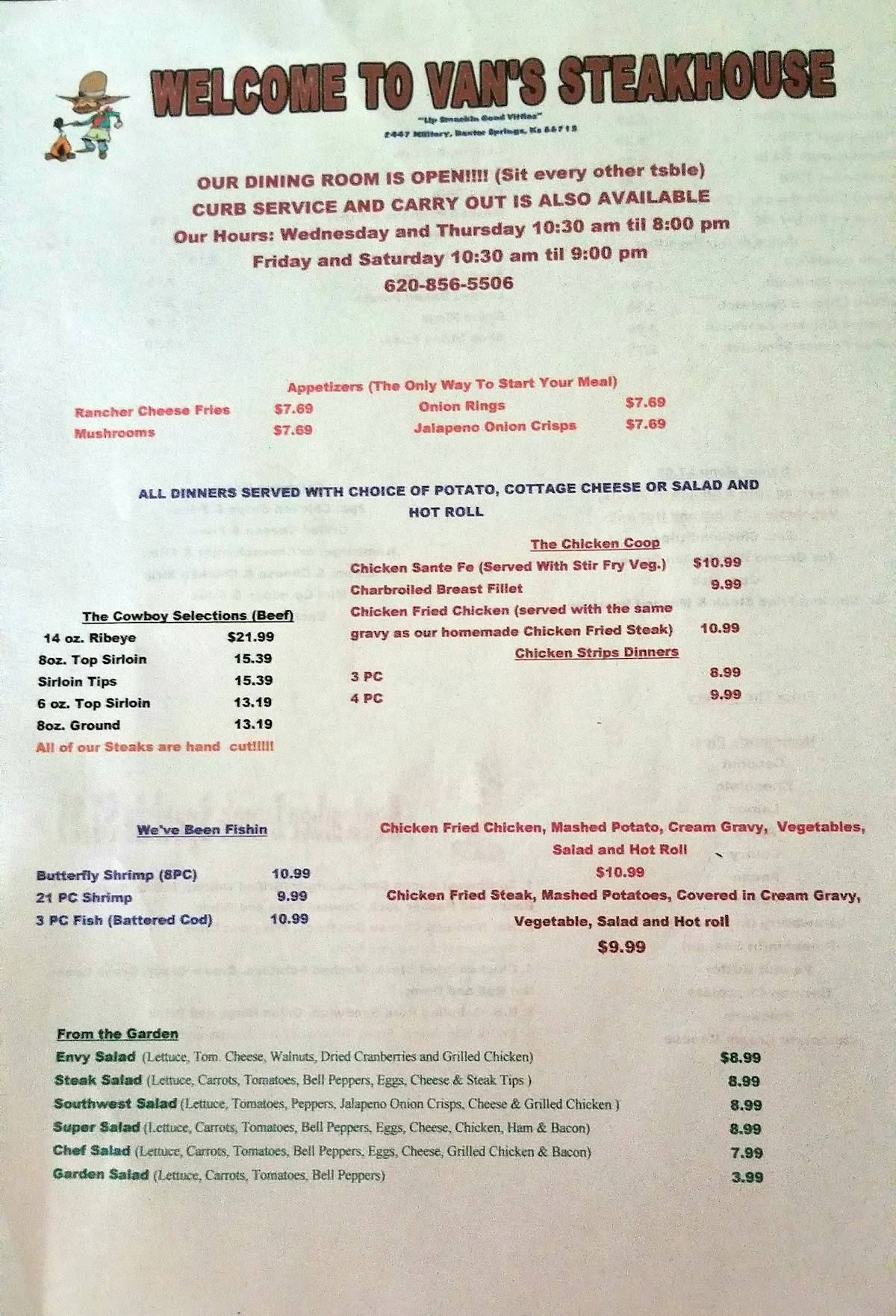 Menu at Van's Steak House steakhouse, Baxter Springs