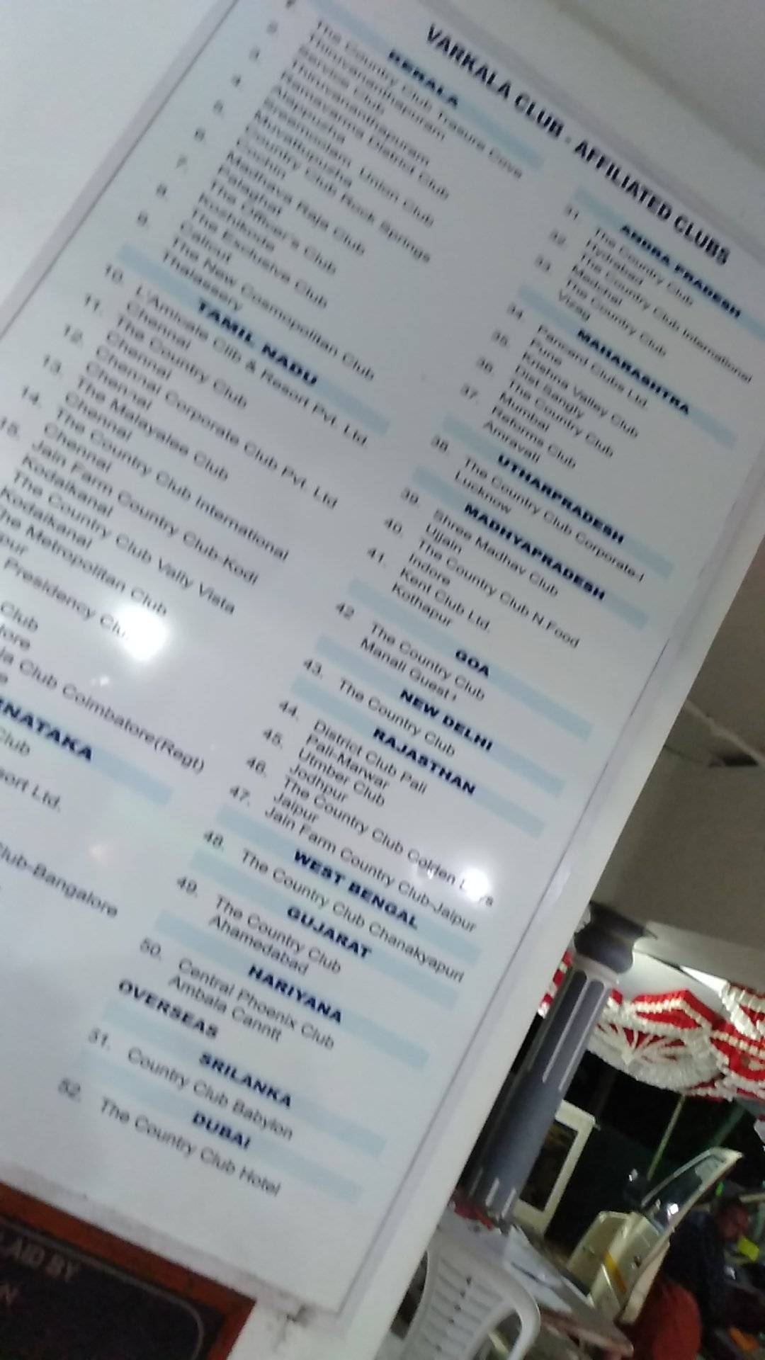 Menu at Varkala Club, Varkala