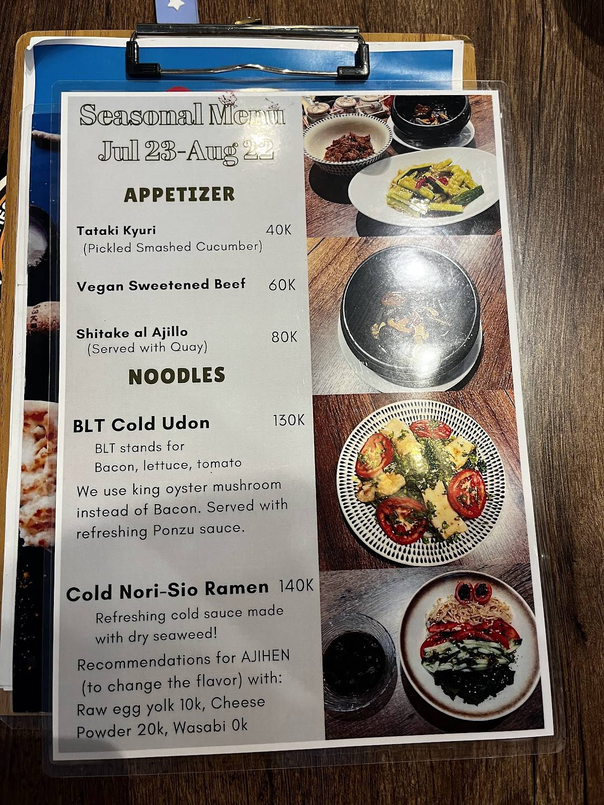 Menu at Vege-ro restaurant, Hanoi