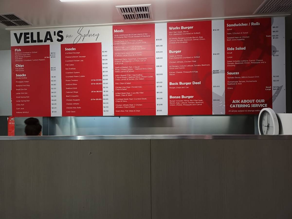 Menu at Vella's on Sydney fast food, Mackay