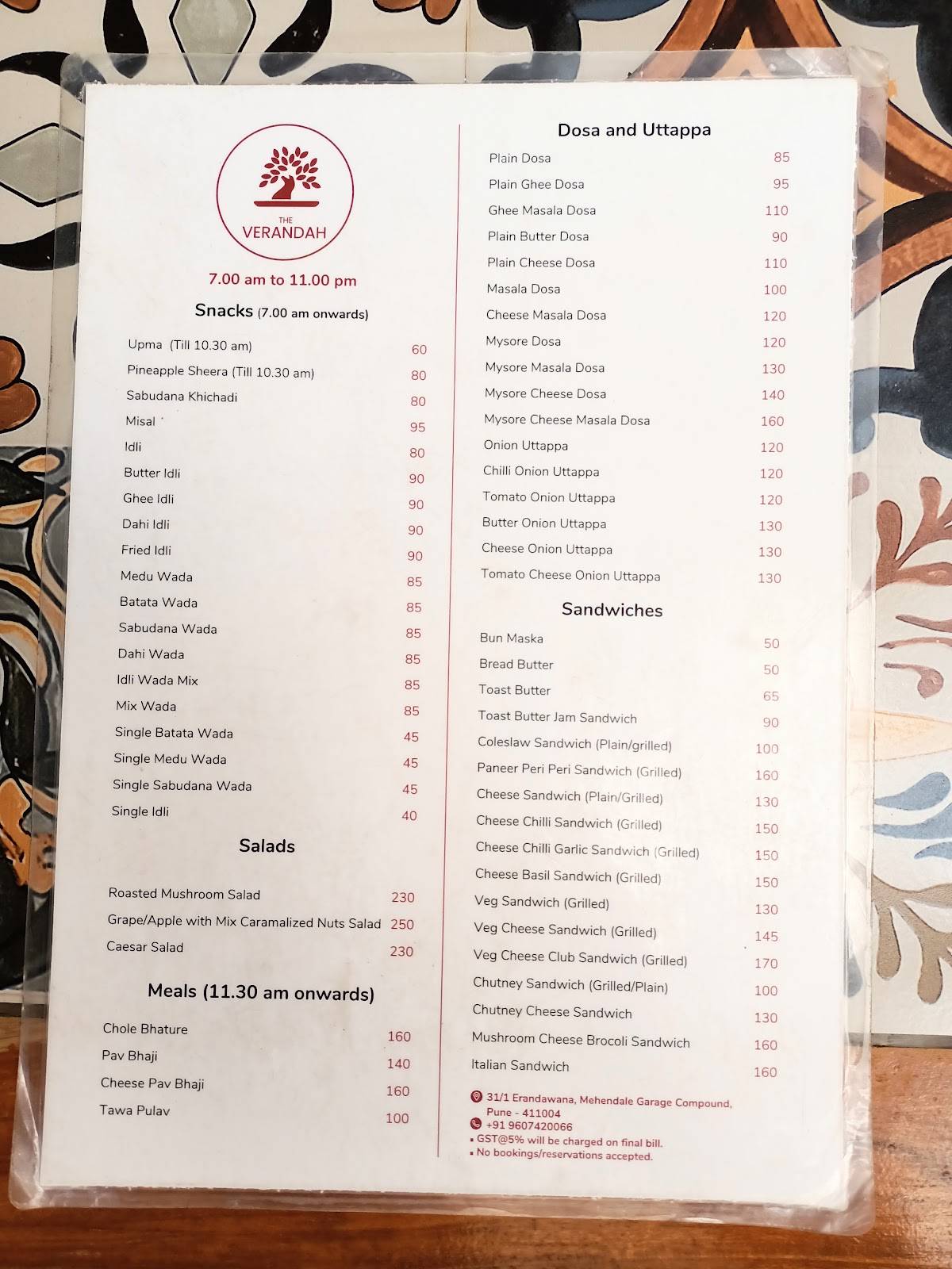 Menu at Verandah, Pune