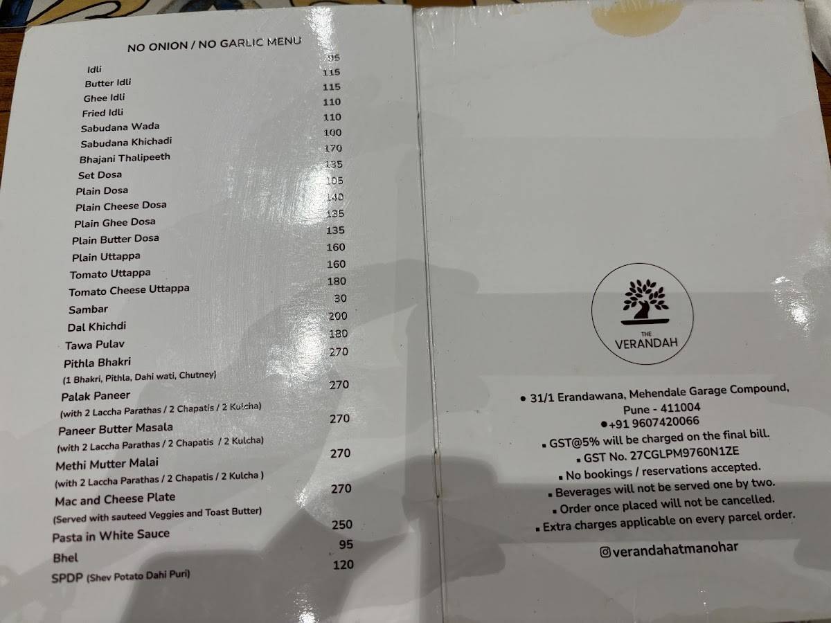 Menu at Verandah, Pune
