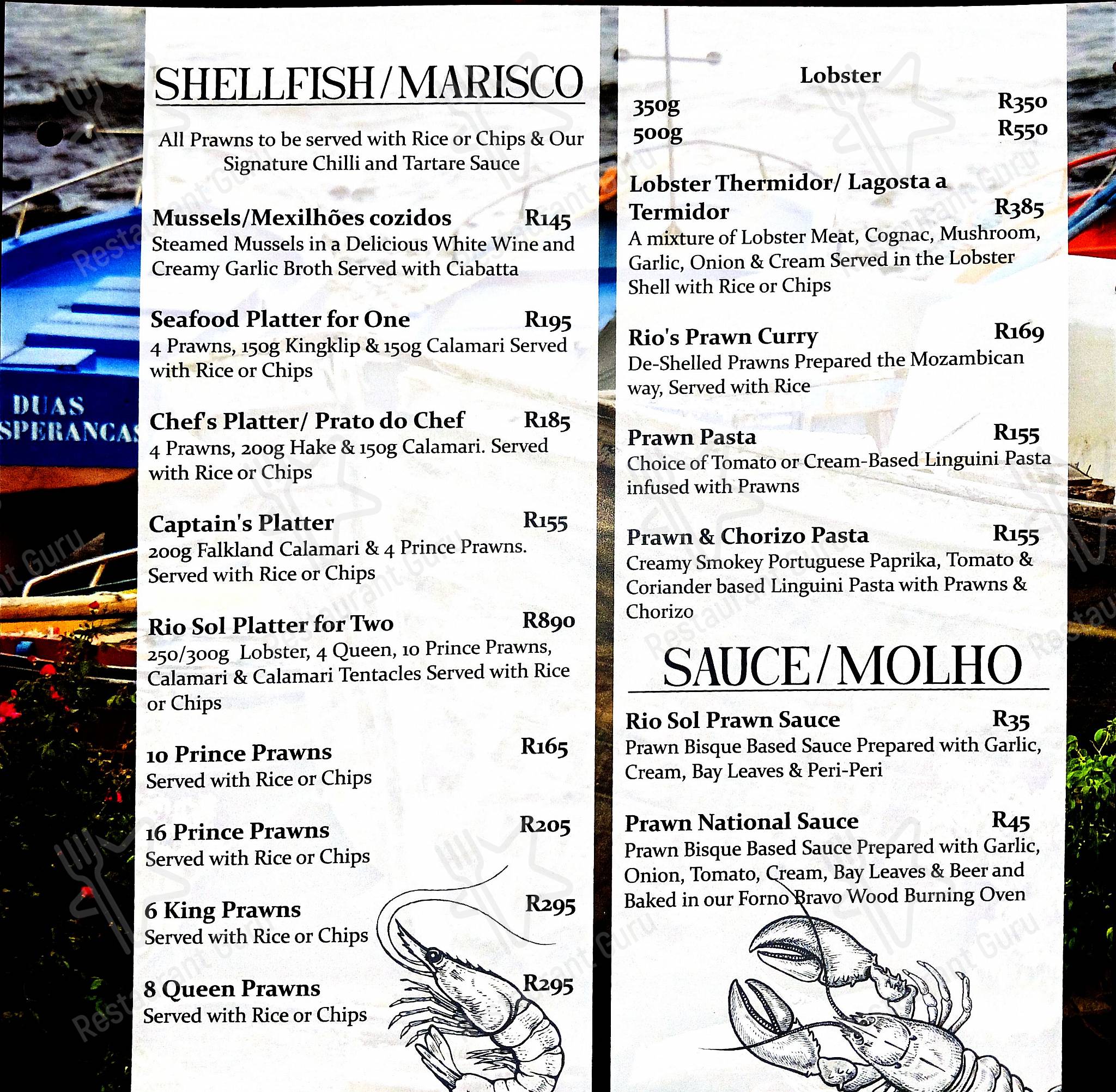 Menu at Rio Sol restaurant, Vereeniging