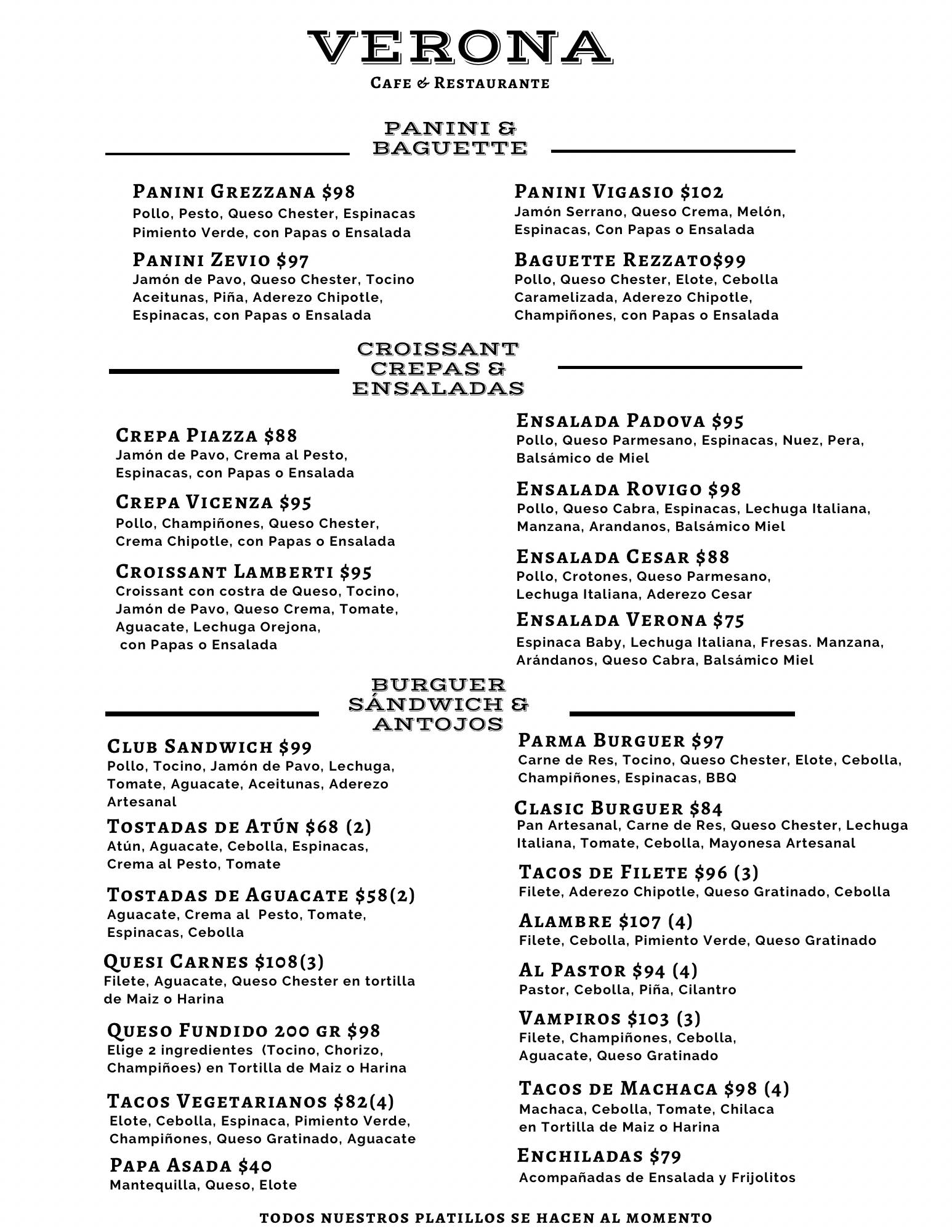 Carta de Verona Café & Restaurante, Chihuahua