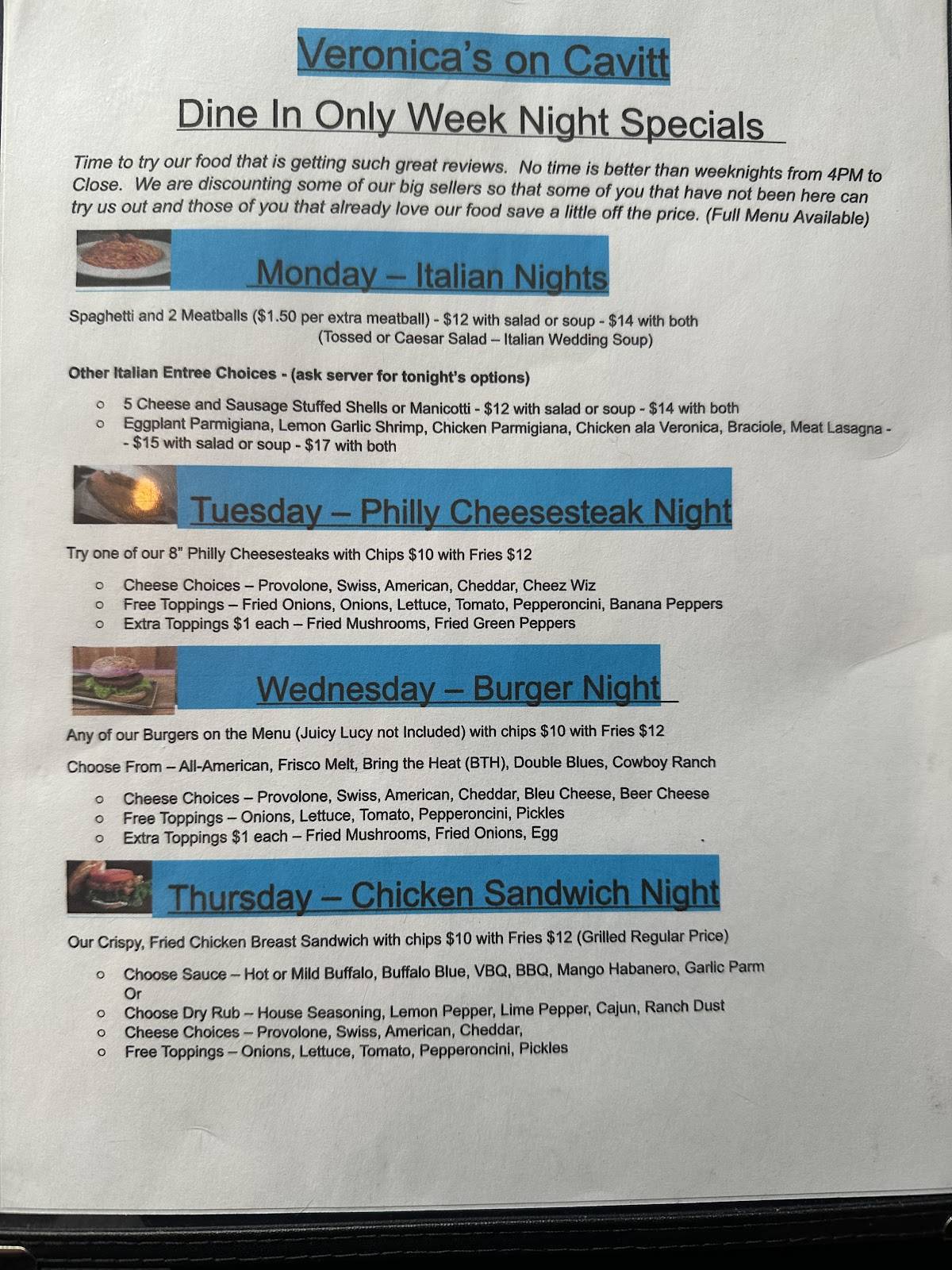 Menu at Veronica's On Cavitt pub & bar, Trafford