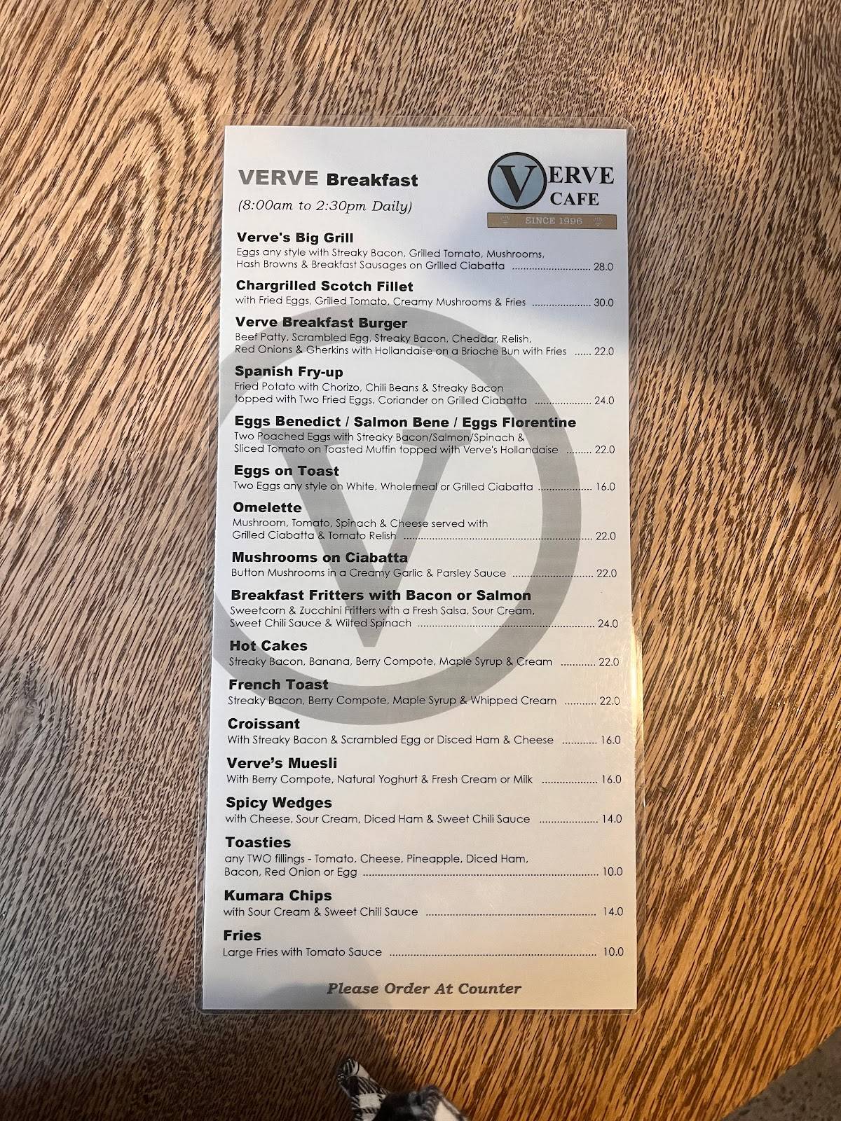Menu at Verve Cafe & Bar, Gisborne