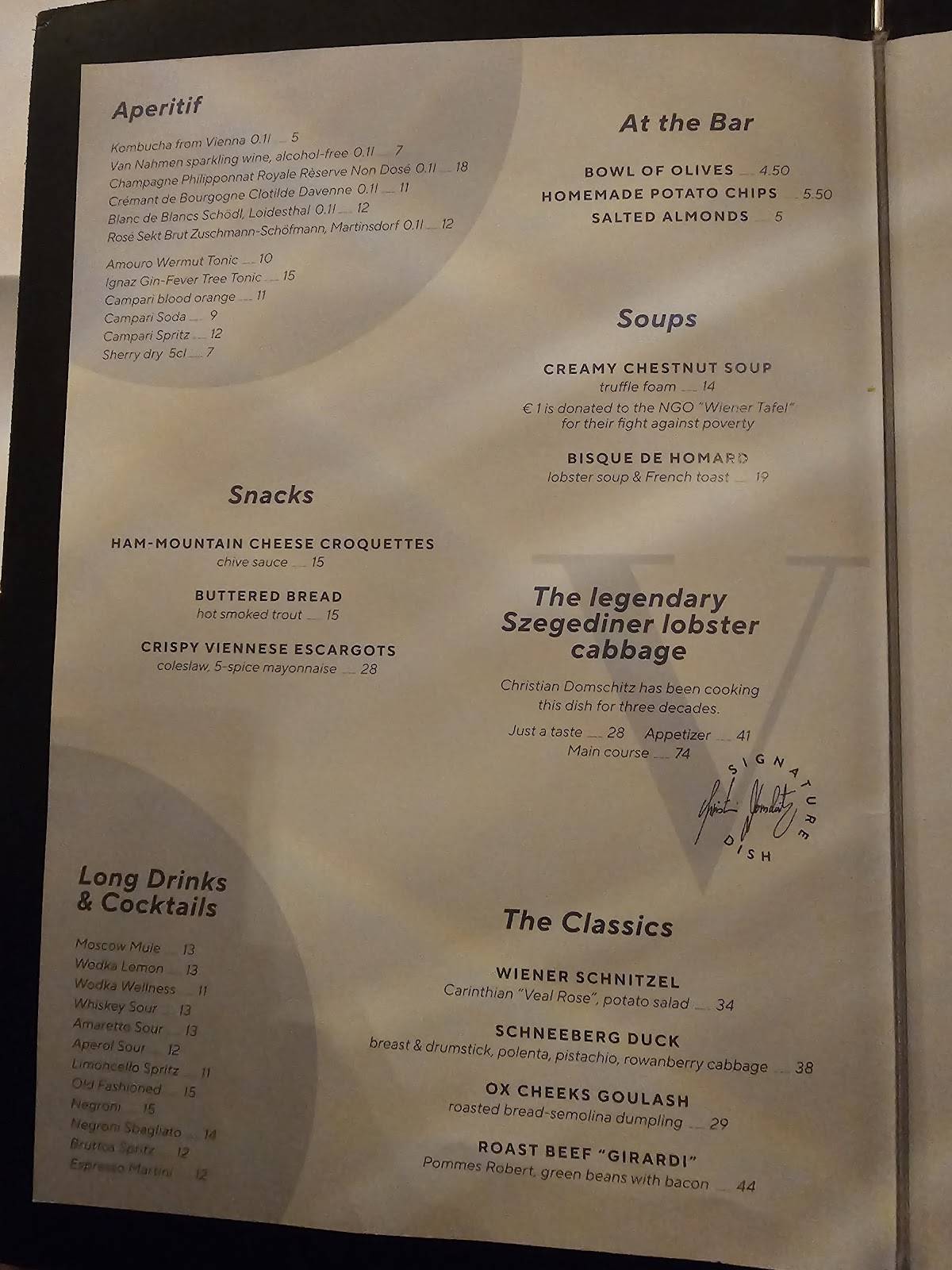 Speisekarte von Vestibül Restaurant im Burgtheater, Wien