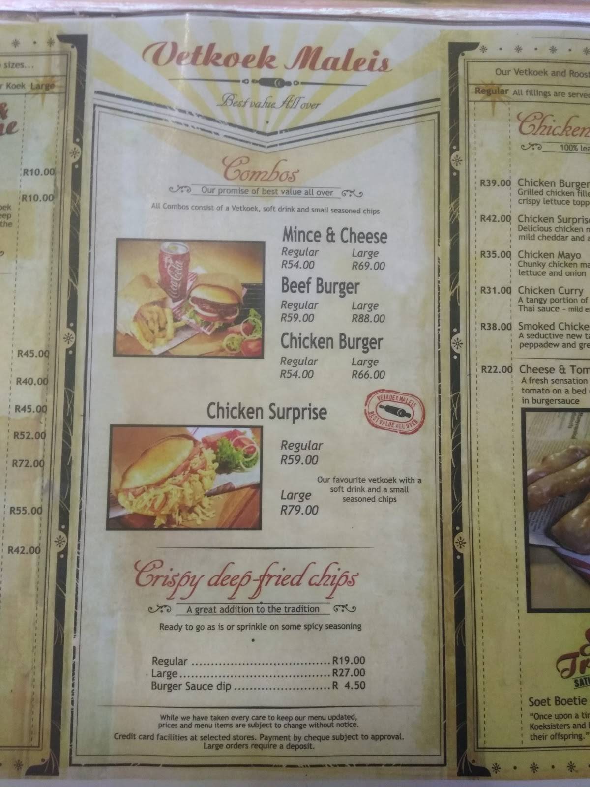 Menu at Vetkoek Maleis Silverton restaurant, Pretoria, Moreleta St ...