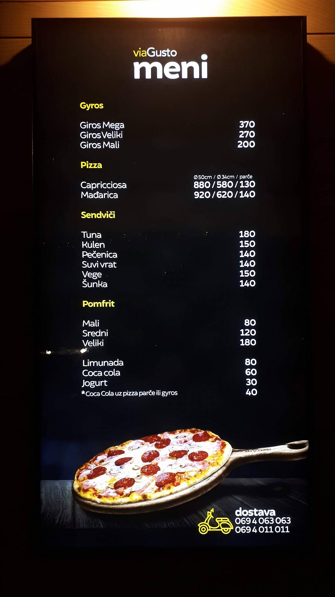 Menu at Via Gusto Pizza restaurant, Sombor, Venac Stepe Stepanovića