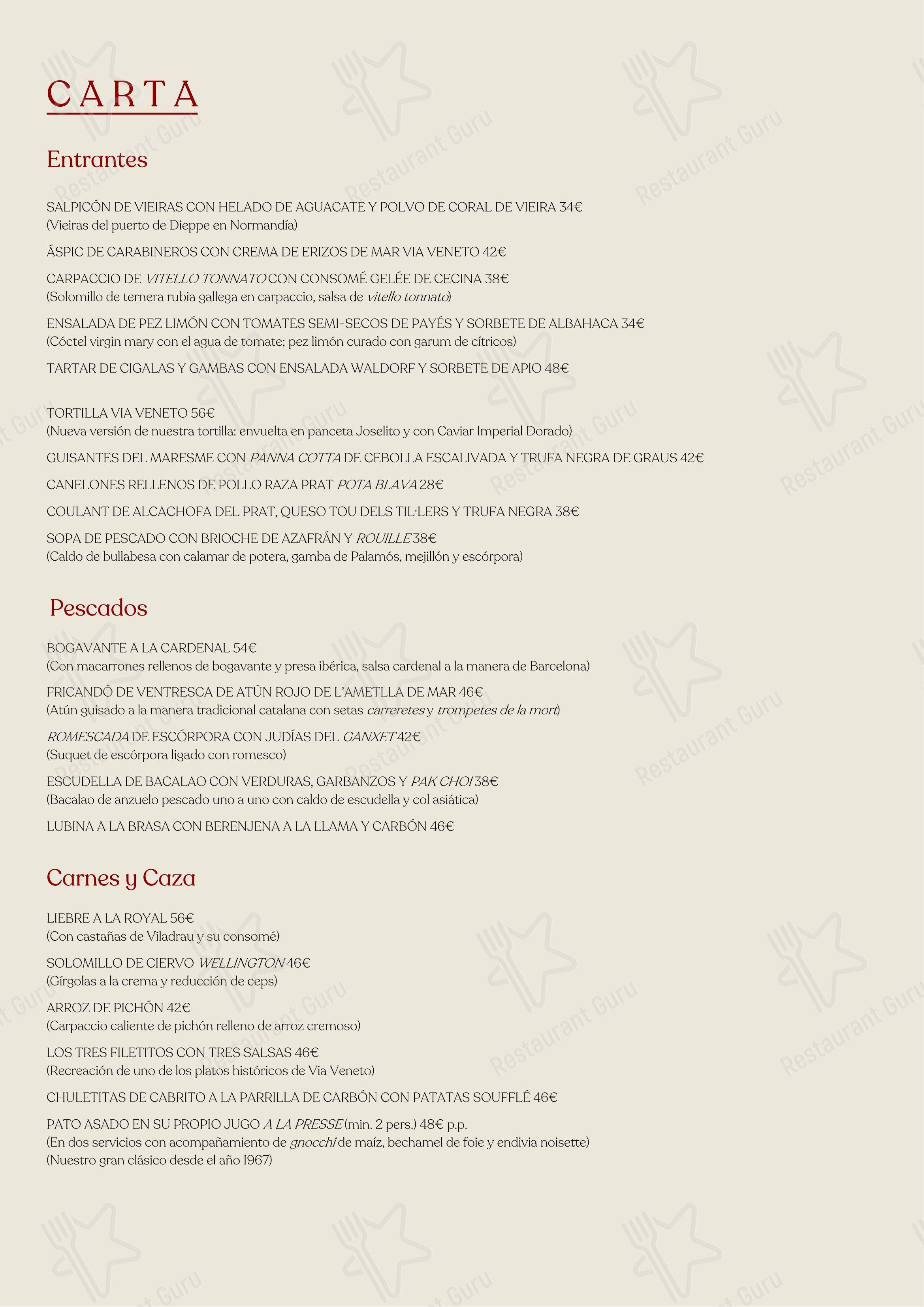 Carta del restaurante Via Veneto, Barcelona