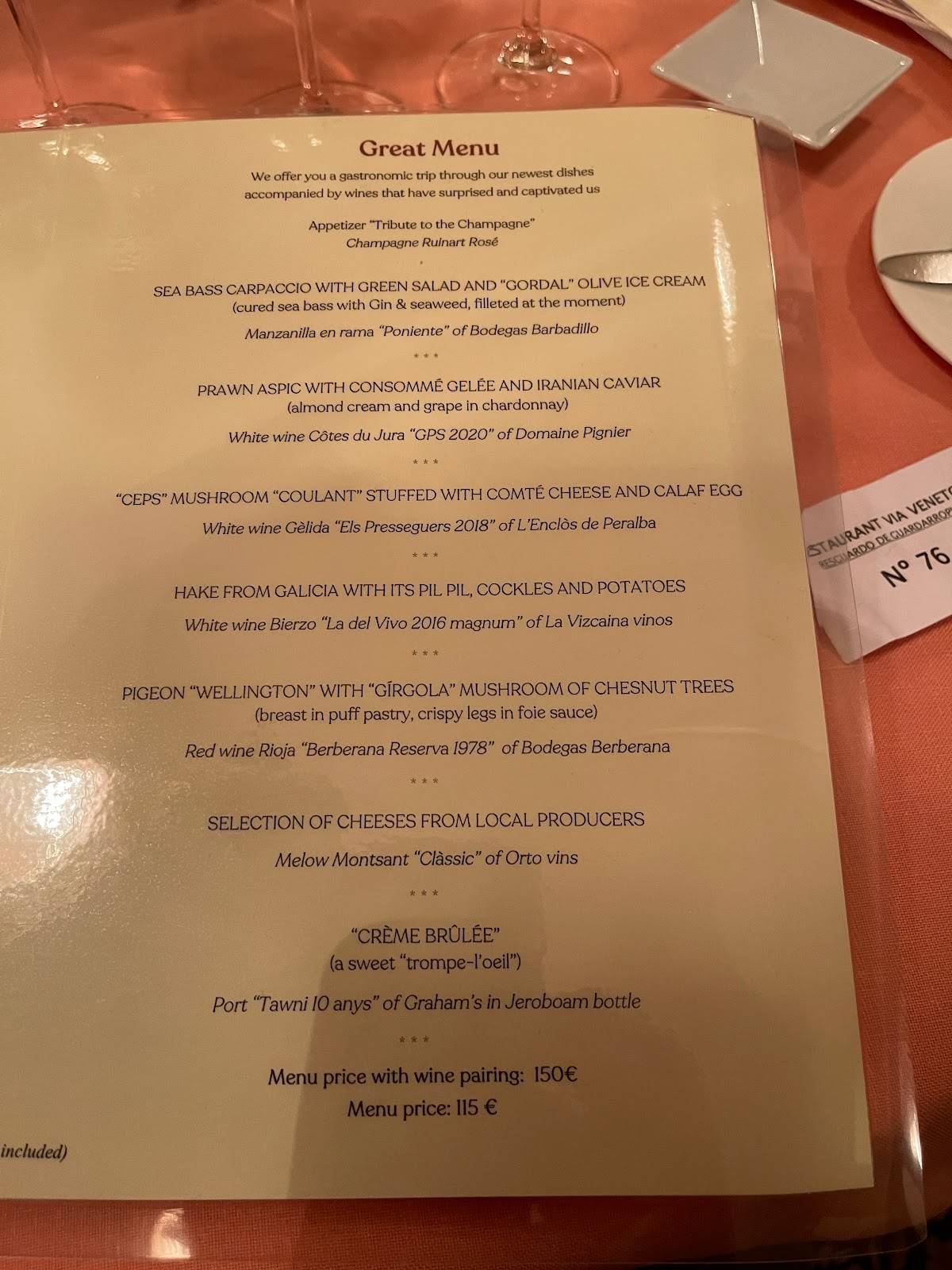 Carta del restaurante Via Veneto, Barcelona