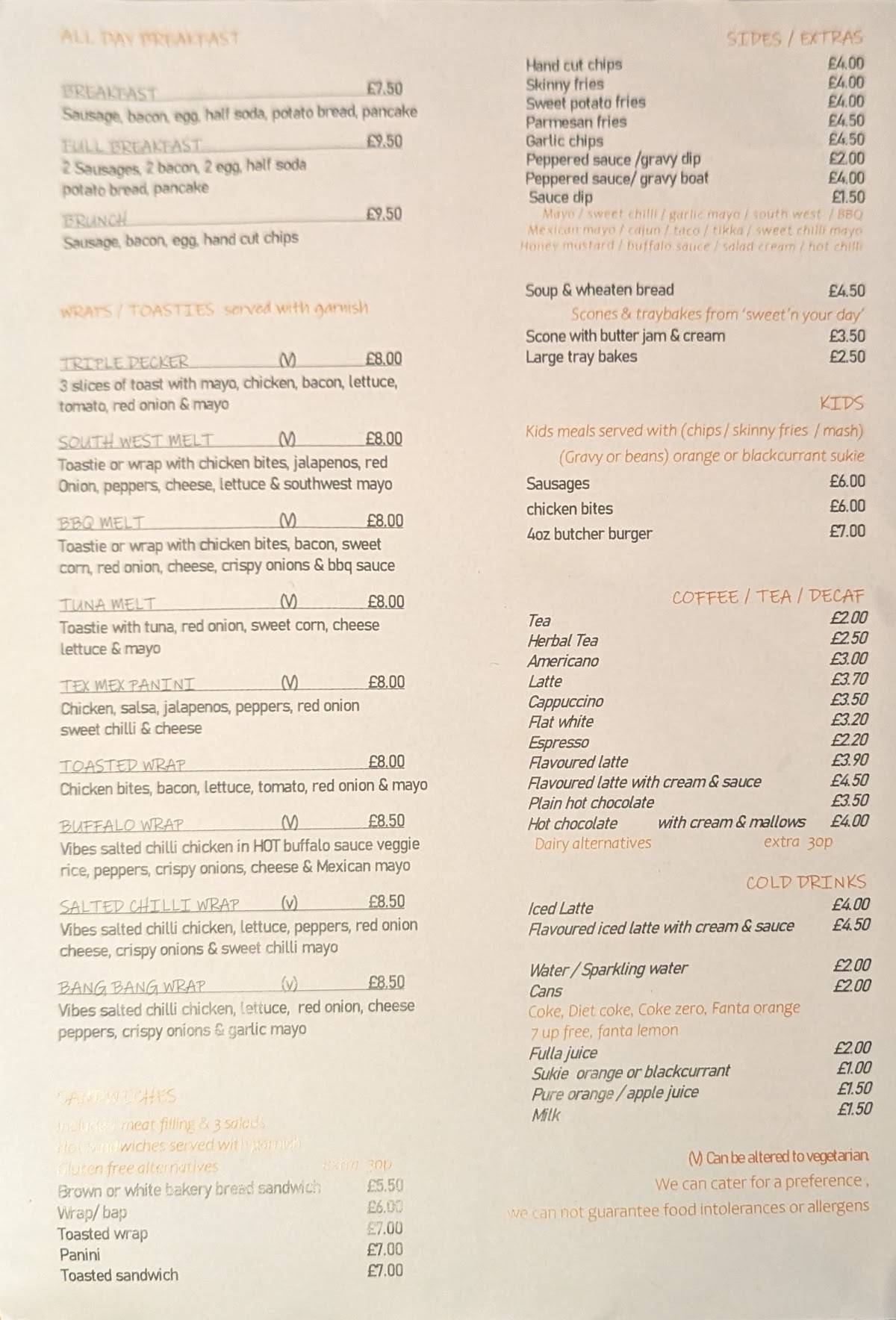 Menu at Vibe restaurant, Lurgan, 65B William St