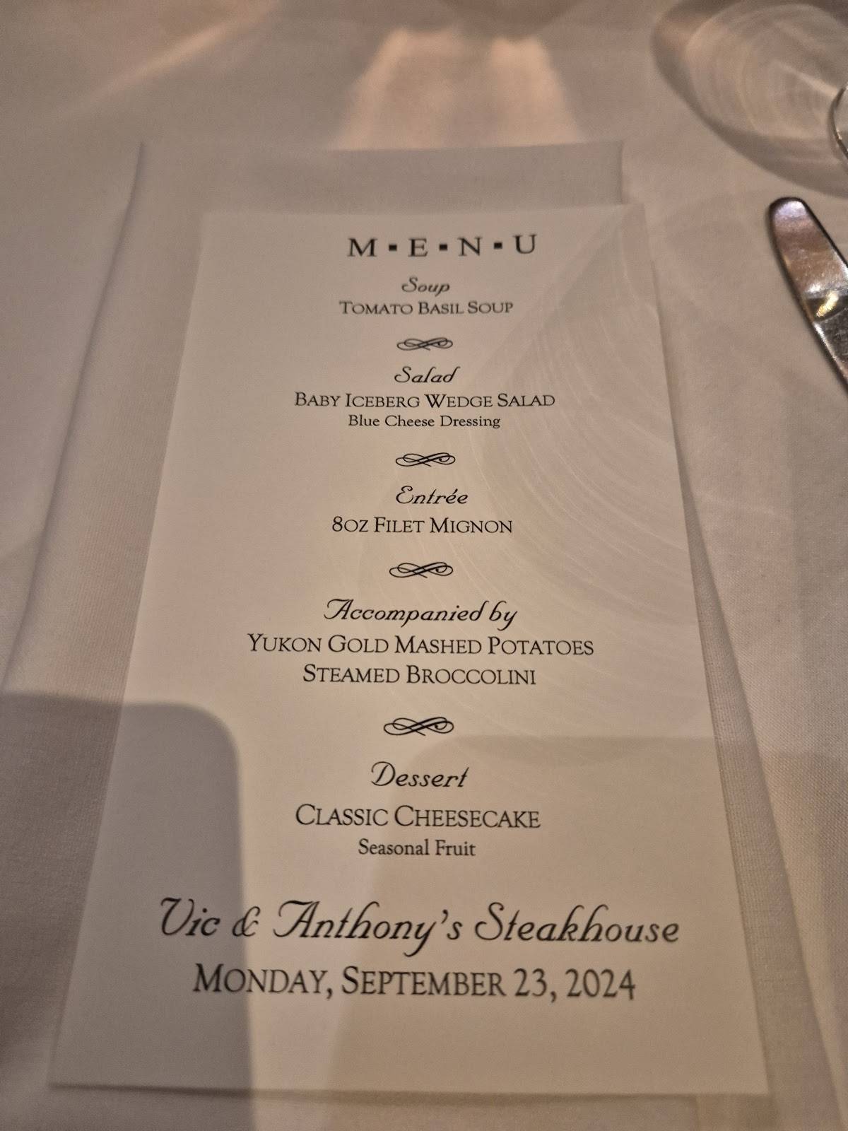 Menu at Vic & Anthony's Steakhouse, Houston