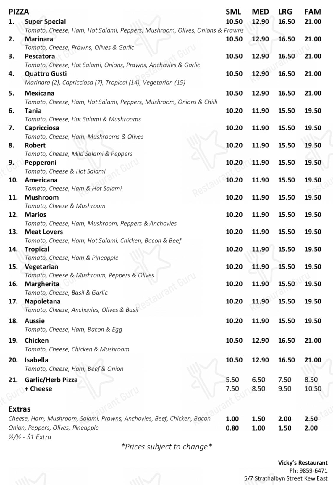 Menu at Vicky's Pizza Restaurant, Kew East