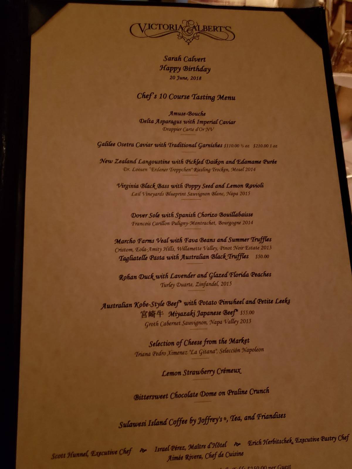 Menu at Victoria & Albert's restaurant, Orlando