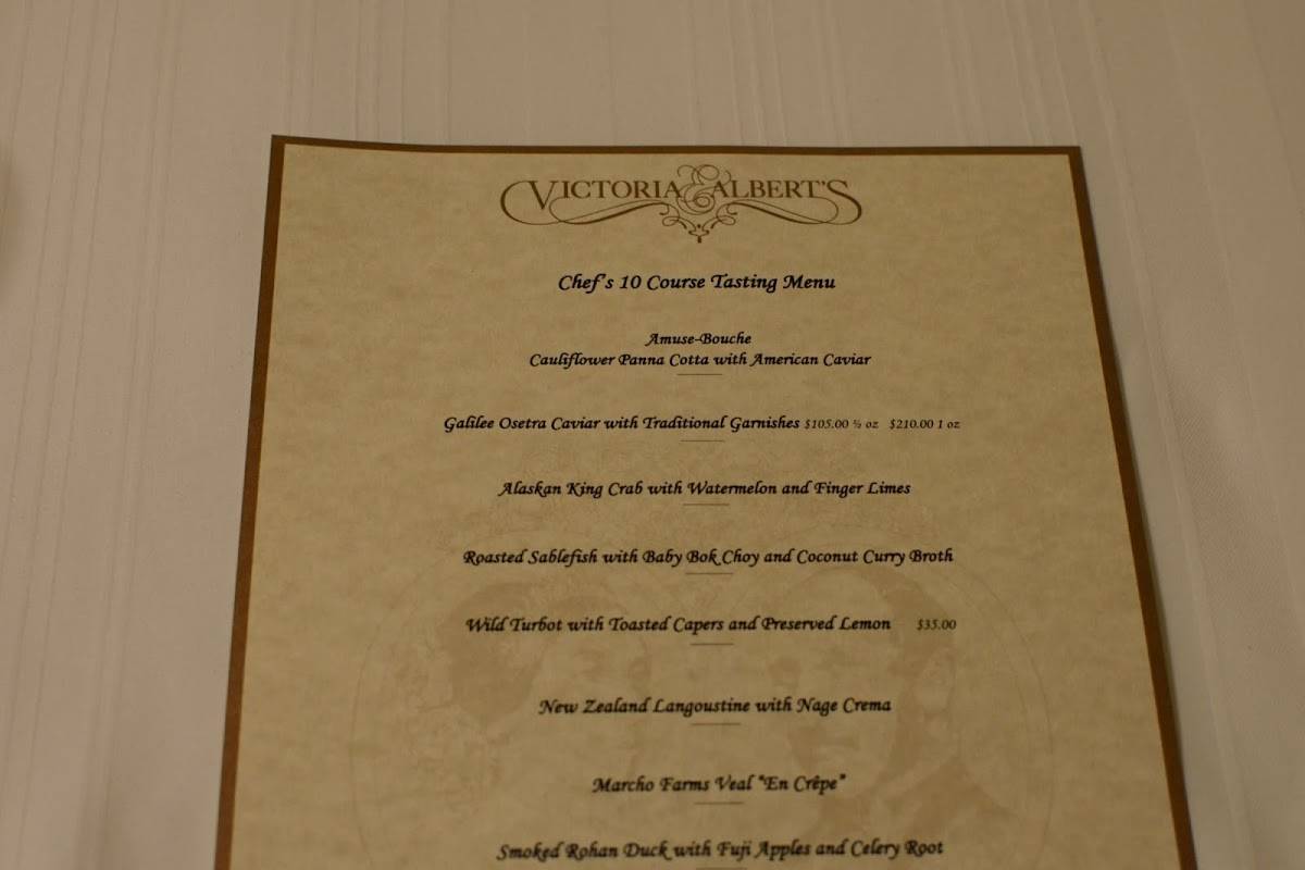 Menu at Victoria & Albert's restaurant, Orlando