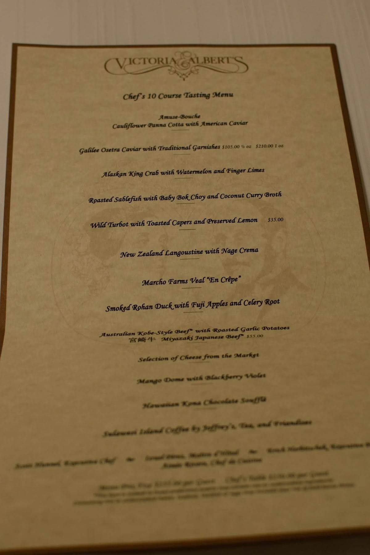 Menu at Victoria & Albert's restaurant, Orlando