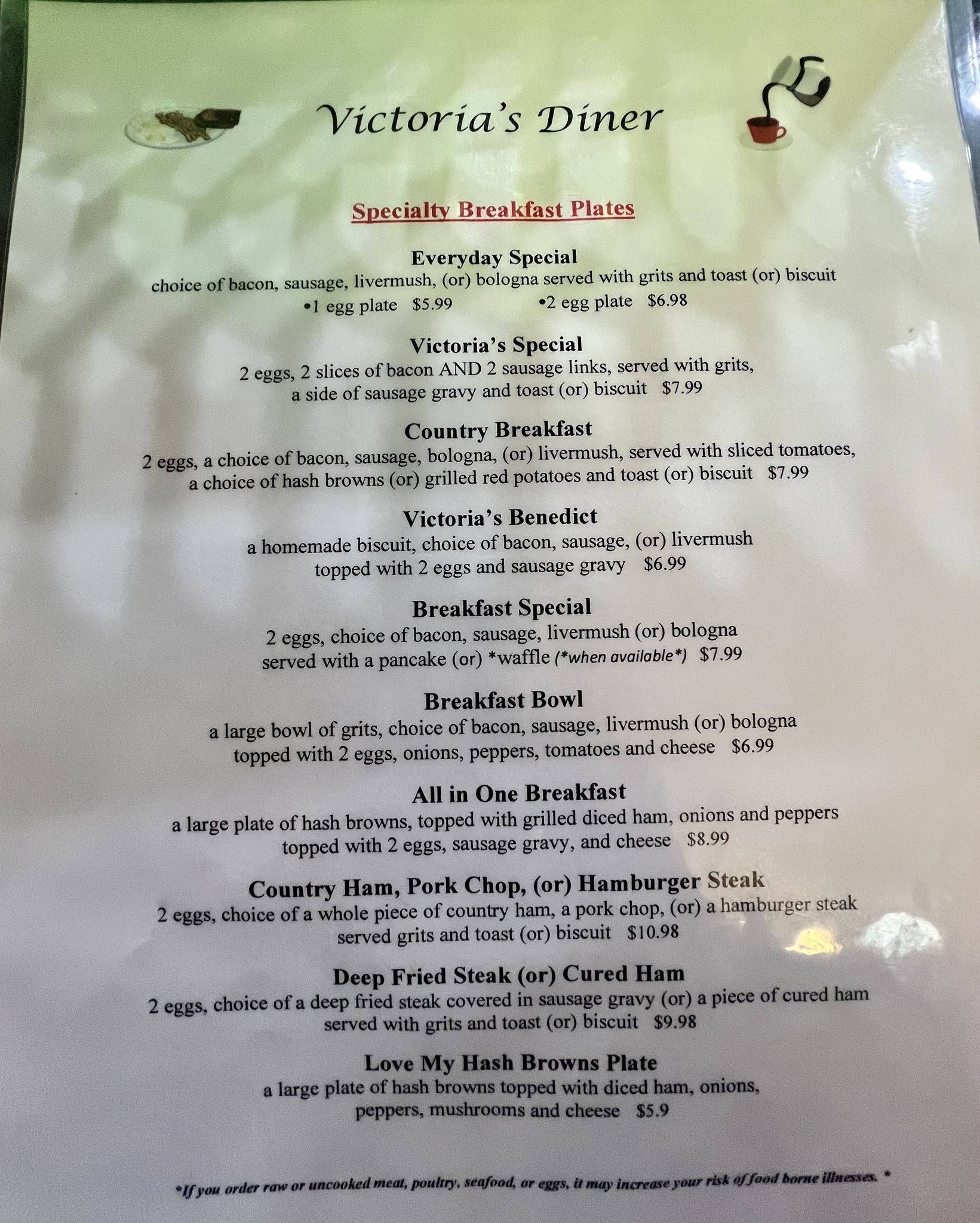 Menu at Victoria's Diner restaurant, Clover