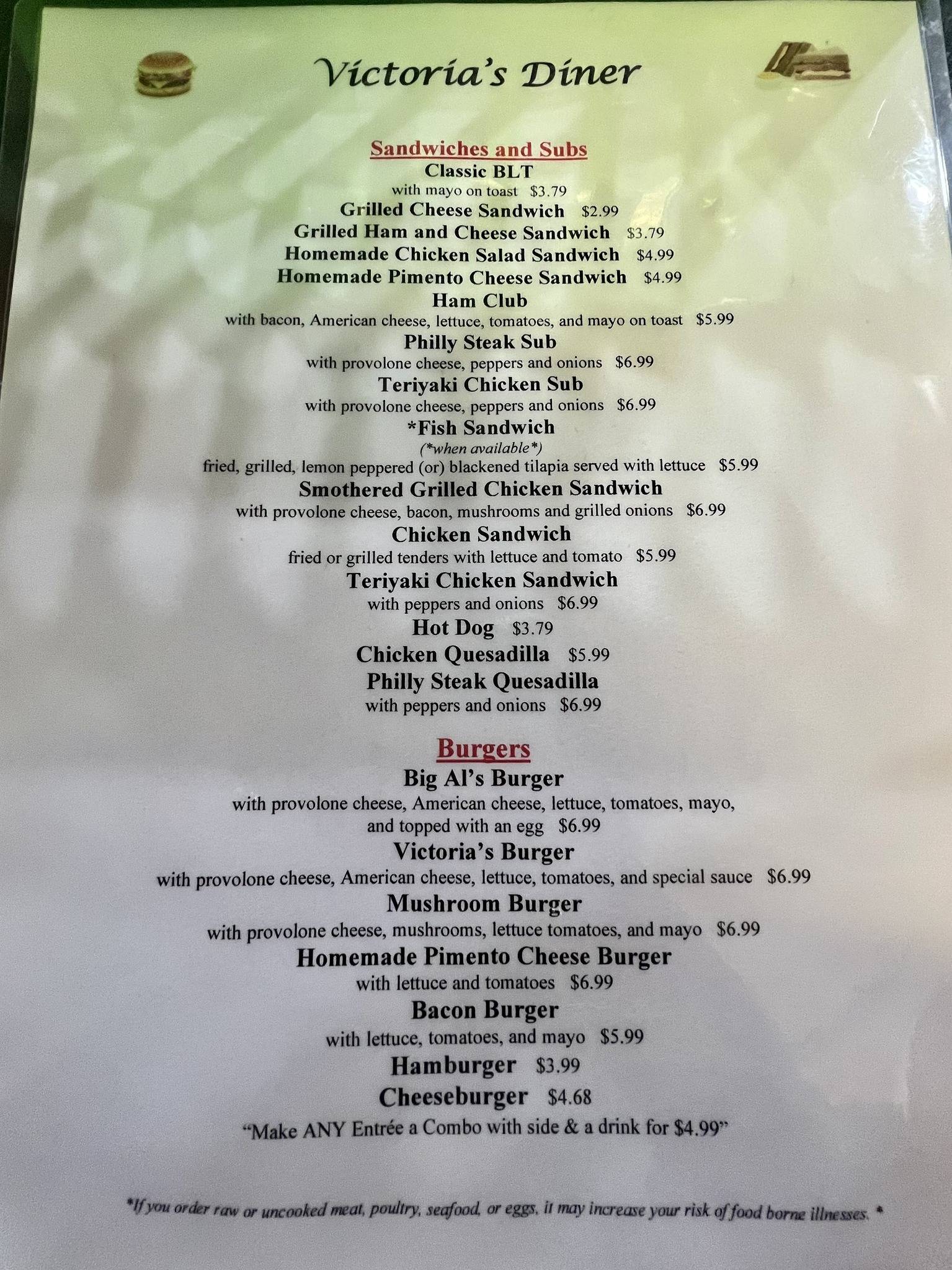Menu at Victoria's Diner restaurant, Clover
