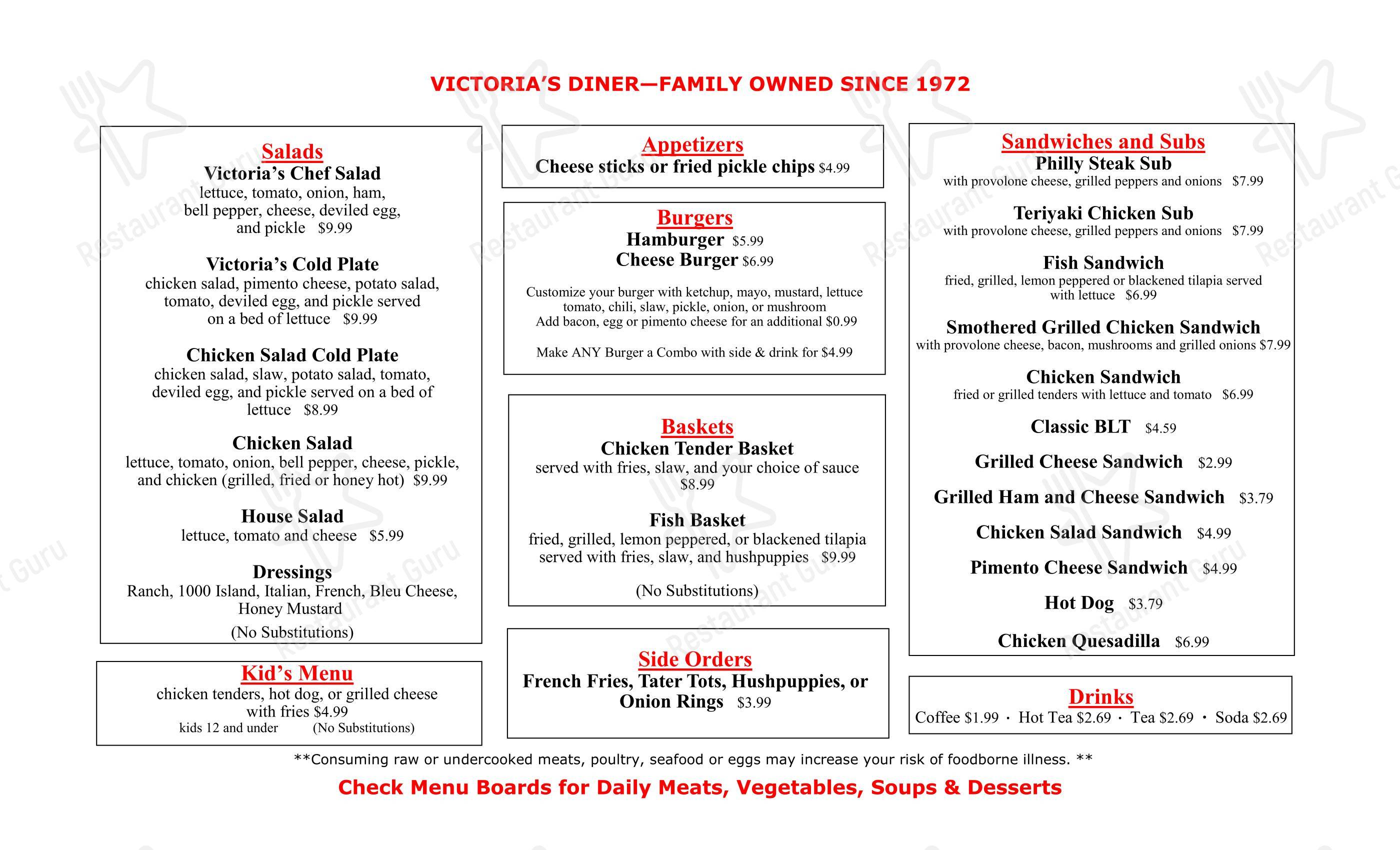 Menu at Victoria's Diner restaurant, Clover