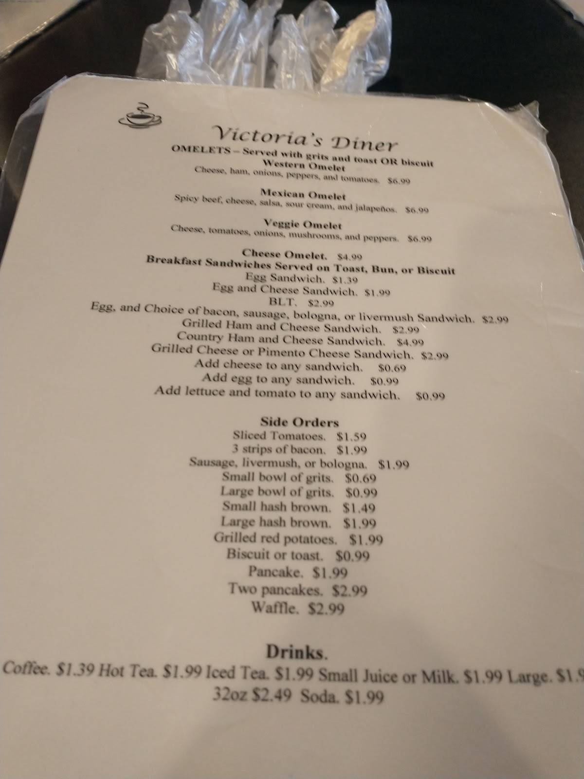Menu at Victoria's Diner restaurant, Clover